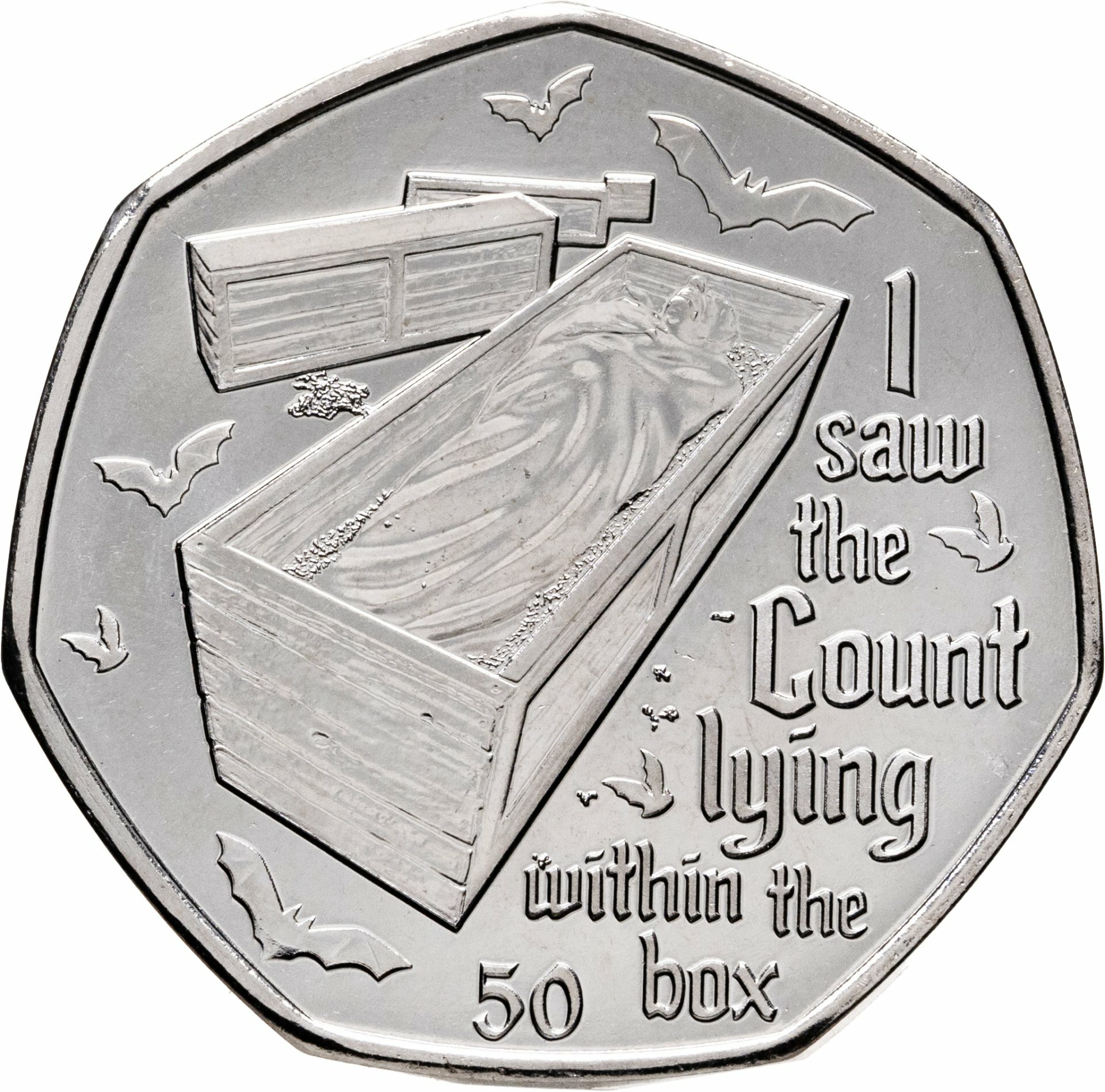 Гибралтар 50 пенсов pence 2022 "125 лет публикации Дракулы - Я видел графа, лежащего в ящике", Мельхиор медь-никель, в сохранности BUNC