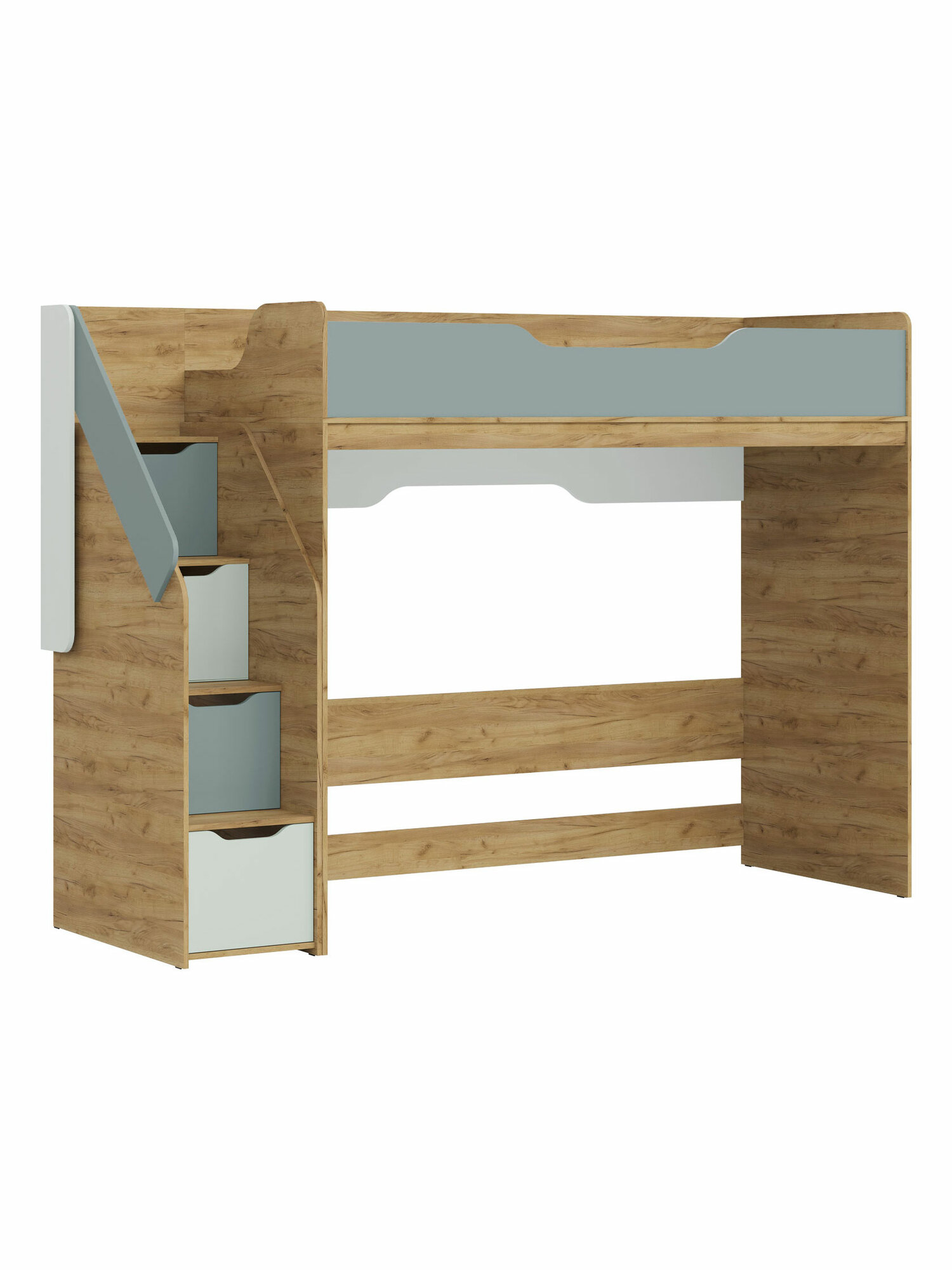 Кровать-чердак Лео 80х200 см, с основанием настил, с ящиками, с бортиком, Дуб Крафт золотой / Сумеречный голубой / Пастельный зеленый
