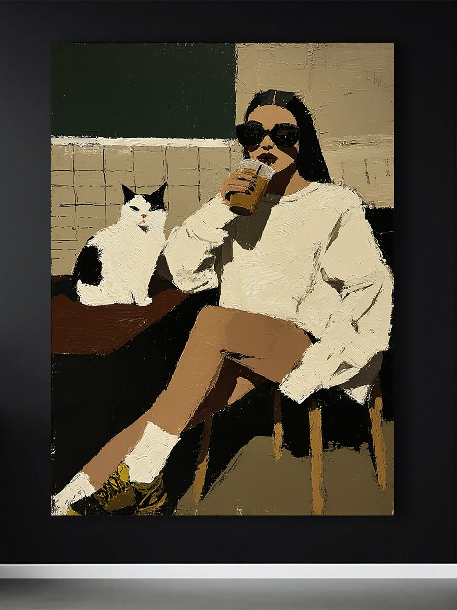 Картина интерьерная - "Девушка и котики на отдыхе, дизайнерский арт на стену" , 40х60 см.