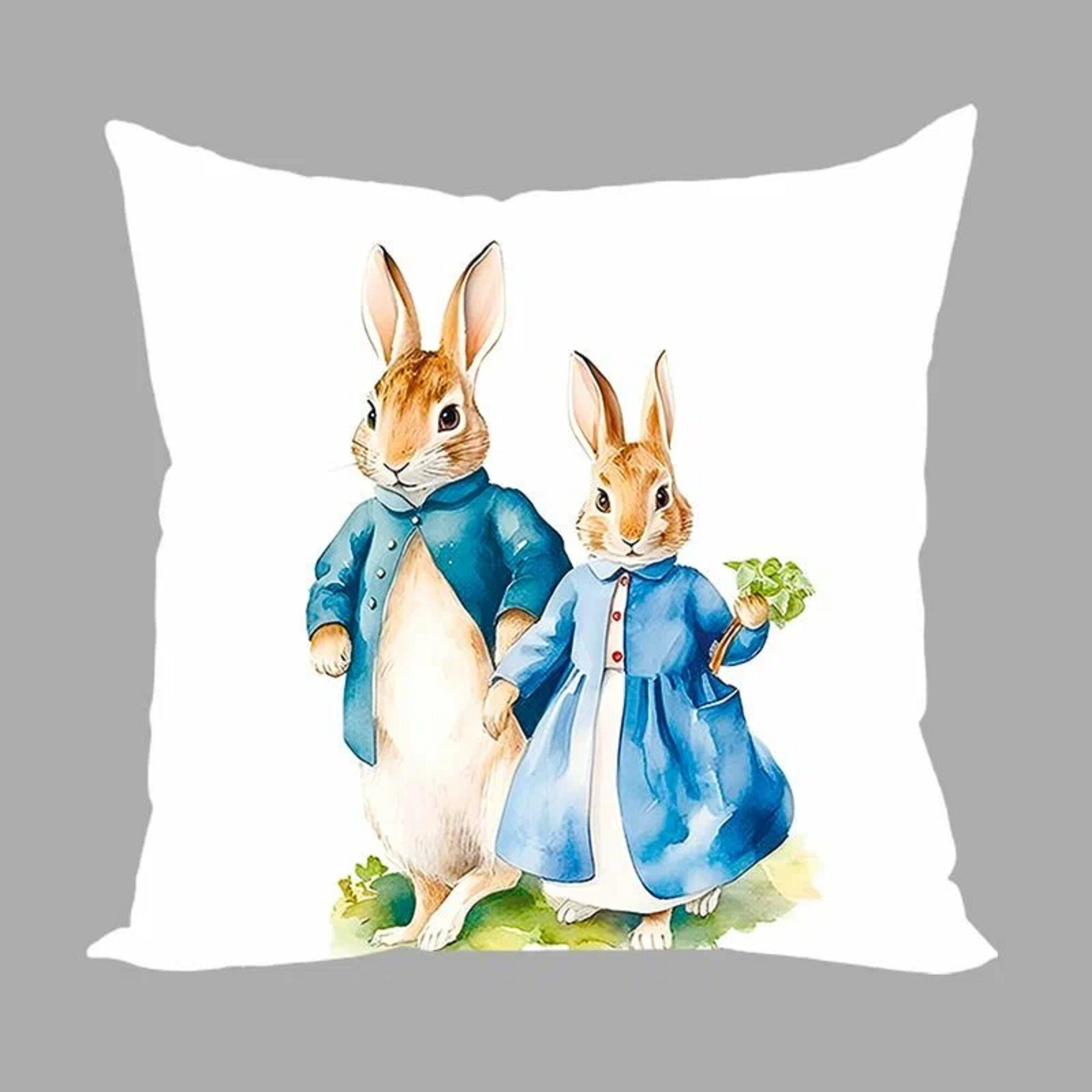 Подушка декоративная Кролики жених и невеста в голубом велюр 40х40