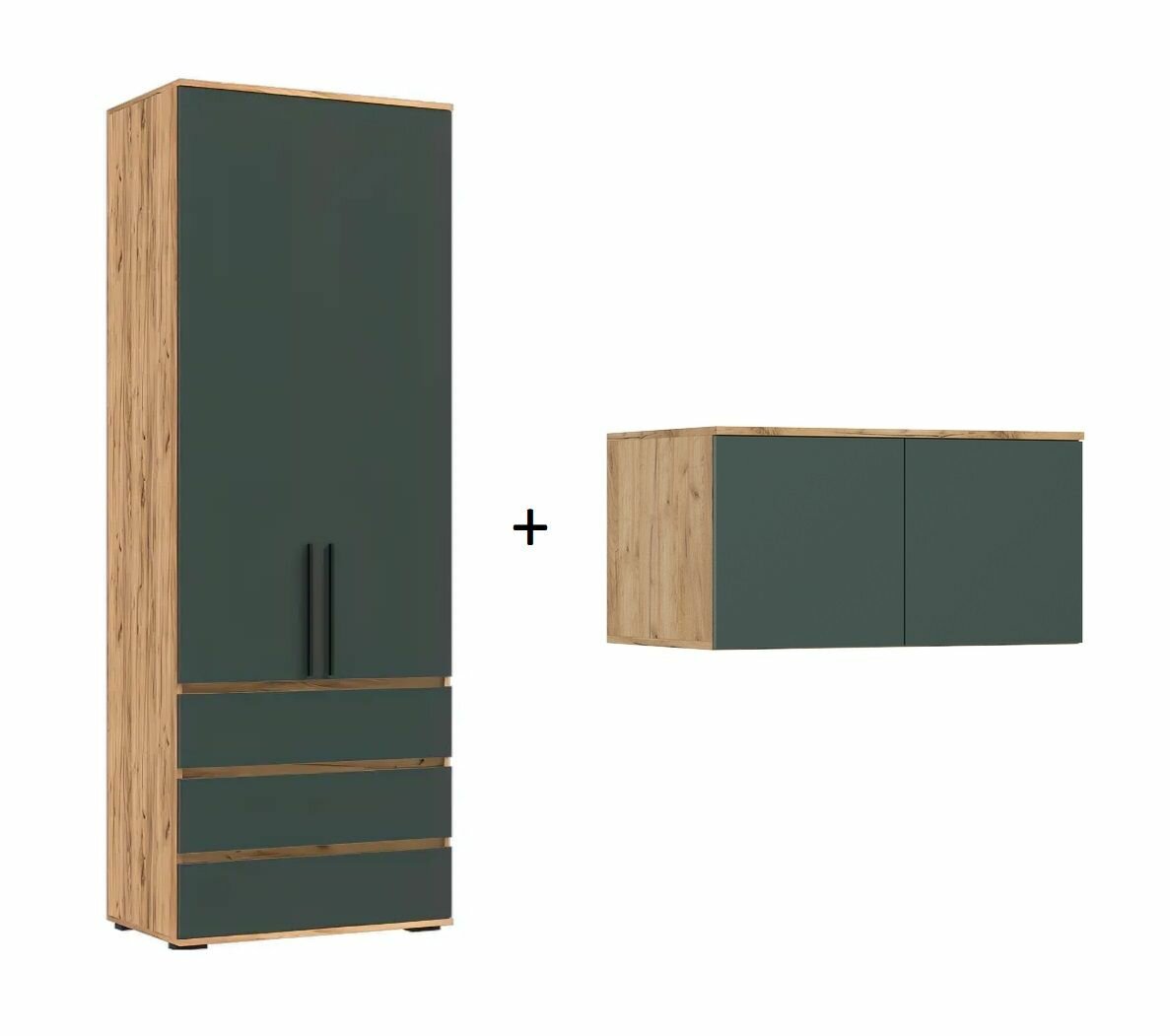 Норд Шкаф 2-х ств. 80 см. с ящиками + антресоль Изумрудный, Дуб Крафт