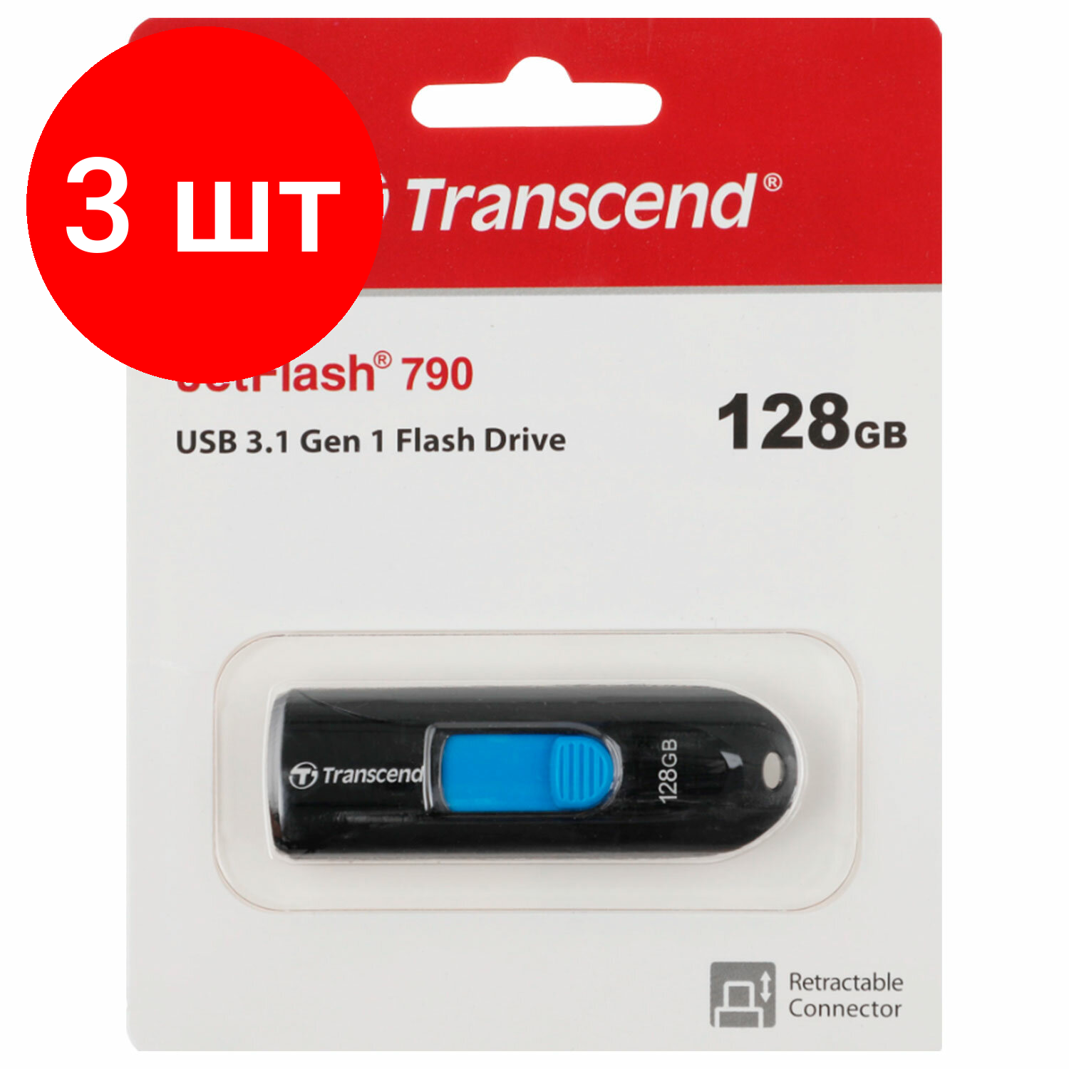 Комплект 3 шт, Флеш-диск 128GB TRANSCEND JetFlash 790, USB 3.1, черный, TS128GJF790K