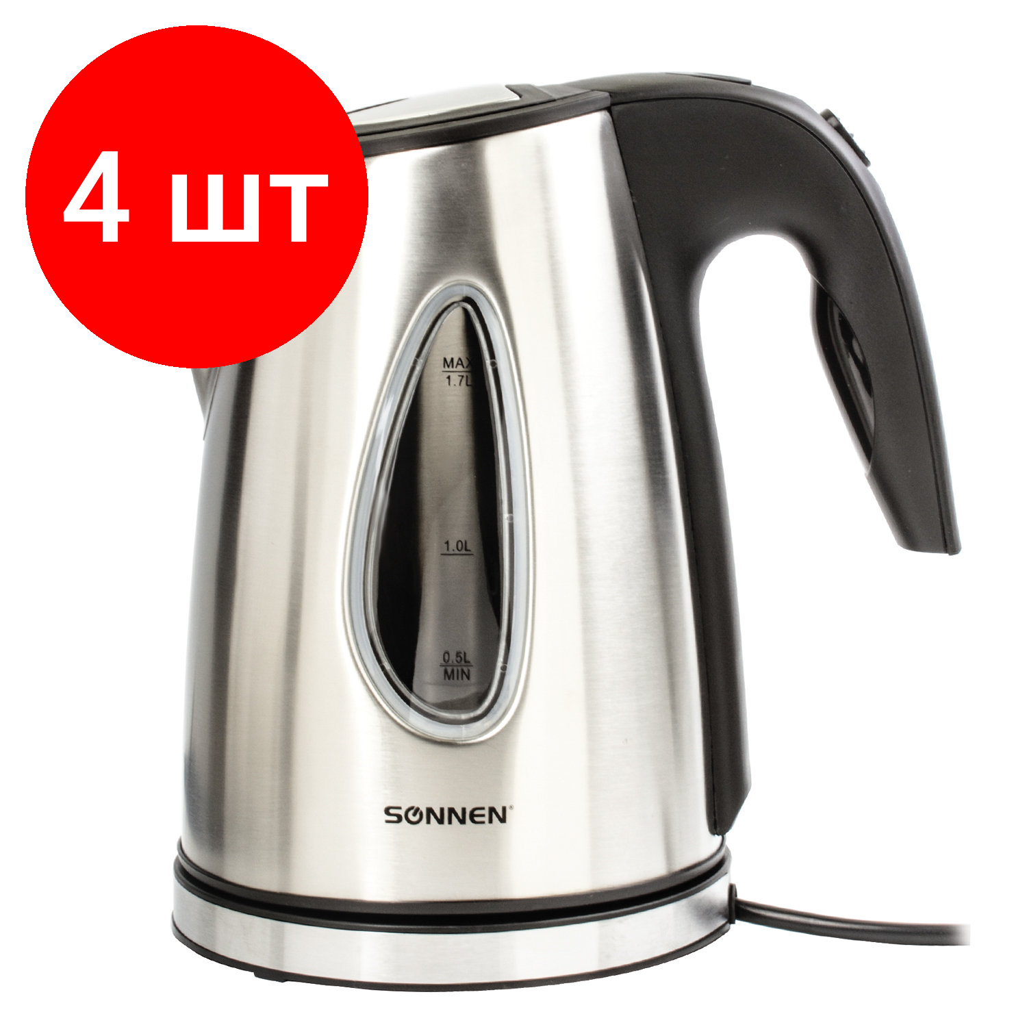 Комплект 4 шт, Чайник SONNEN KT-1721, 1.7 л, 2200 Вт, закрытый нагревательный элемент, нержавеющая сталь, черный, подсветка, 454347