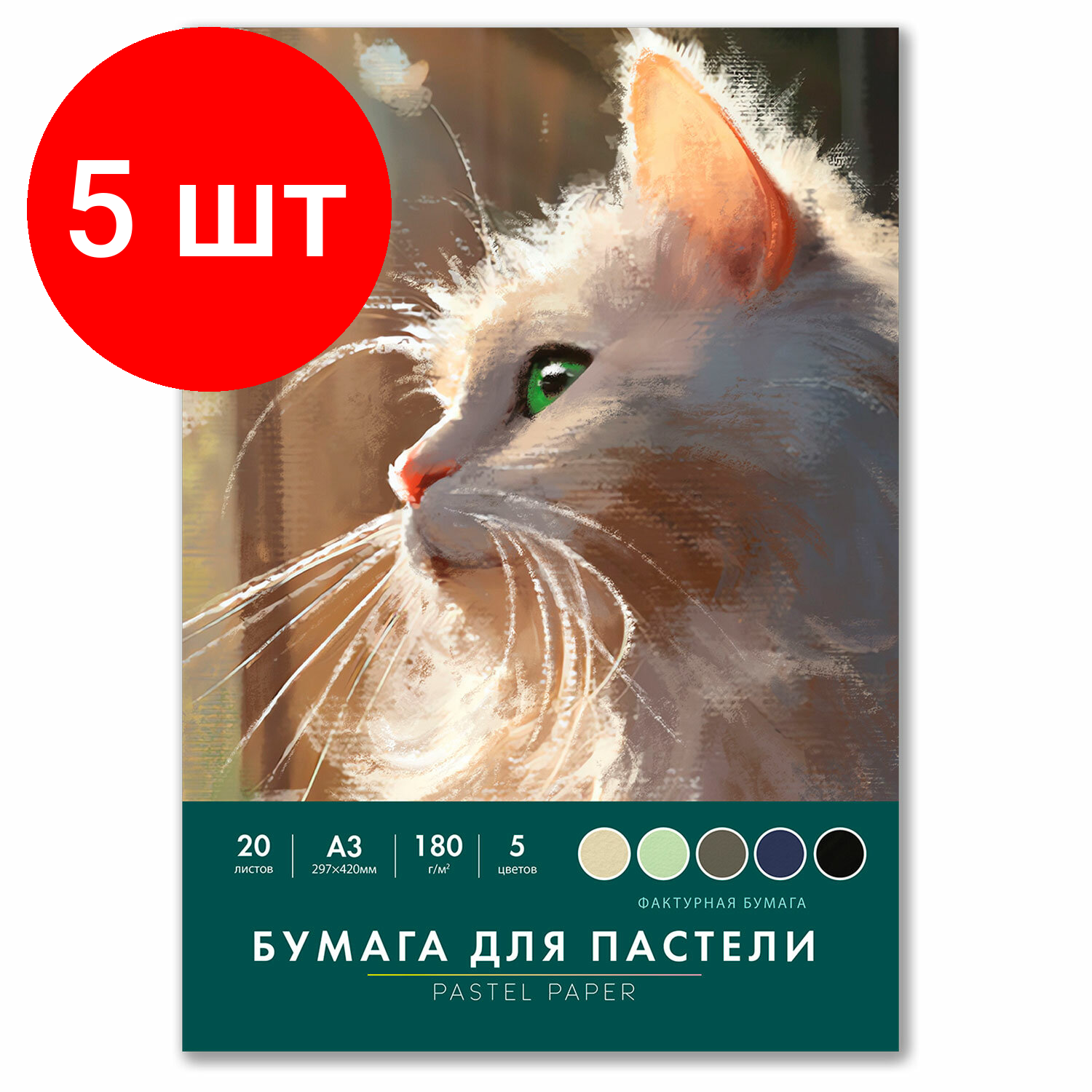 Комплект 5 шт, Бумага для пастели большая А3 в папке, 20 листов 5 цветов, 180 гр/м2, BRAUBERG ART CLASSIC, 116346