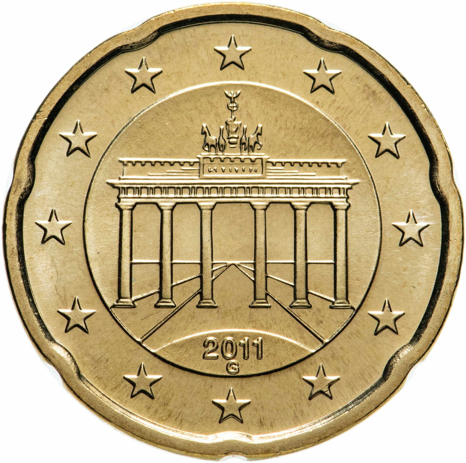 Германия 20 евроцентов 2011 G, Латунь, в сохранности UNC