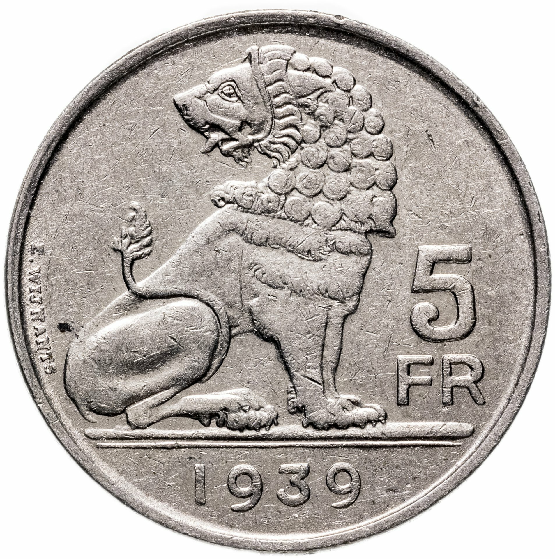 Бельгия 5 франков francs 1938-1939 Надпись 'BELGIE - BELGIQUE', Никель, в сохранности VF-XF