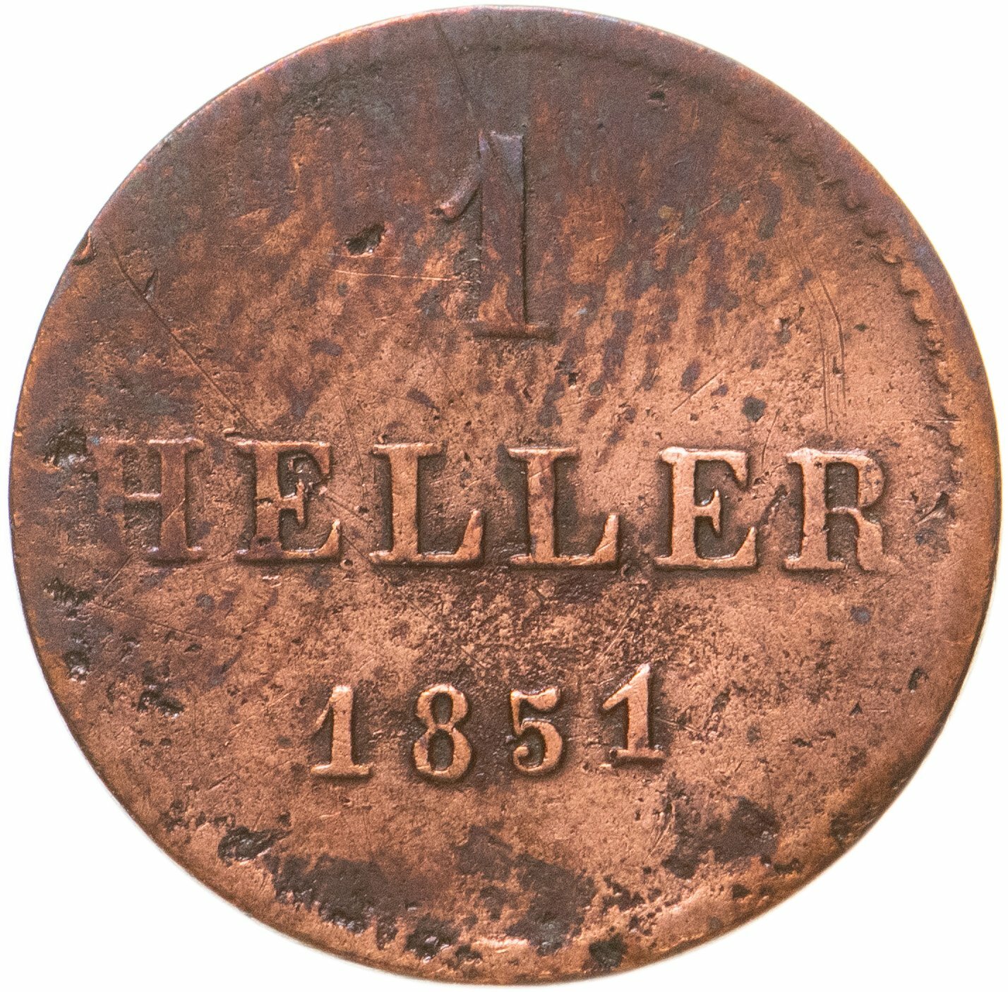 Германия, Франкфурт 1 геллер 1851, Медь, в сохранности F