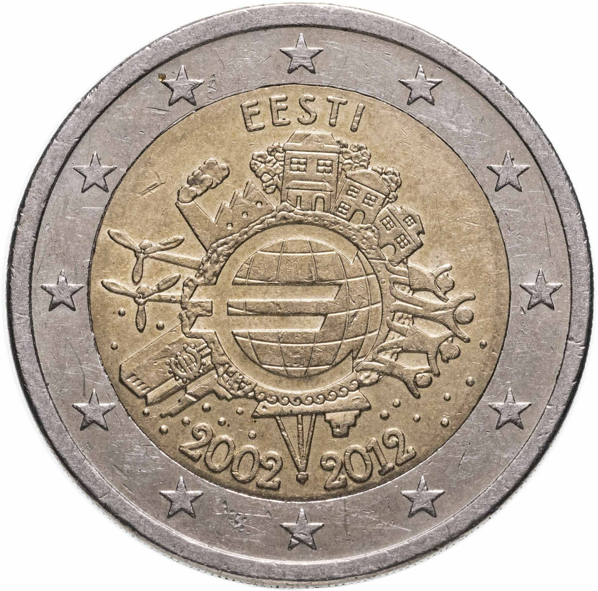 Эстония 2 евро 2012 "10 лет евро", Биметалл, в сохранности VF-XF