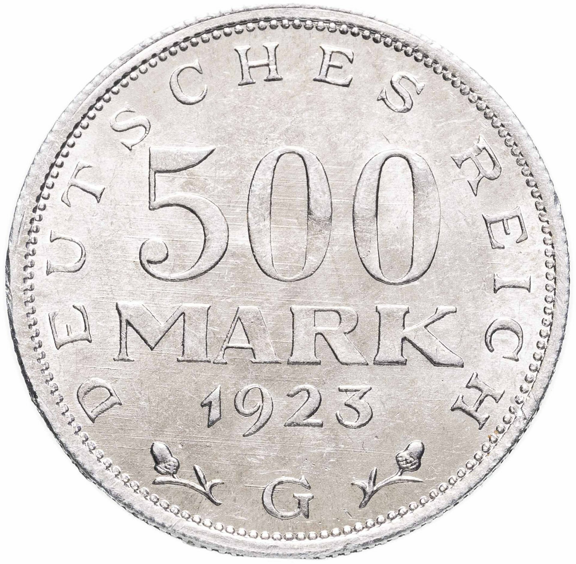 Германия 500 марок mark 1923, знак монетного двора "G" — Карлсруэ Германия, Алюминий, в сохранности UNC