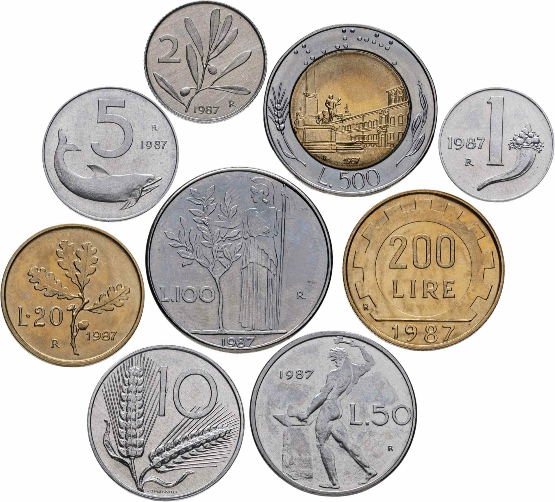 Италия набор из 9 монет 1987, Биметалл, в сохранности UNC