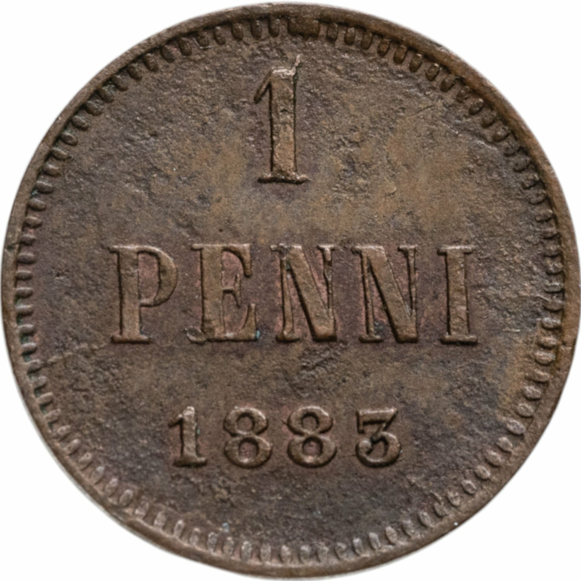 1 пенни penni 1883, монета для Финляндии, Медь, в сохранности VF