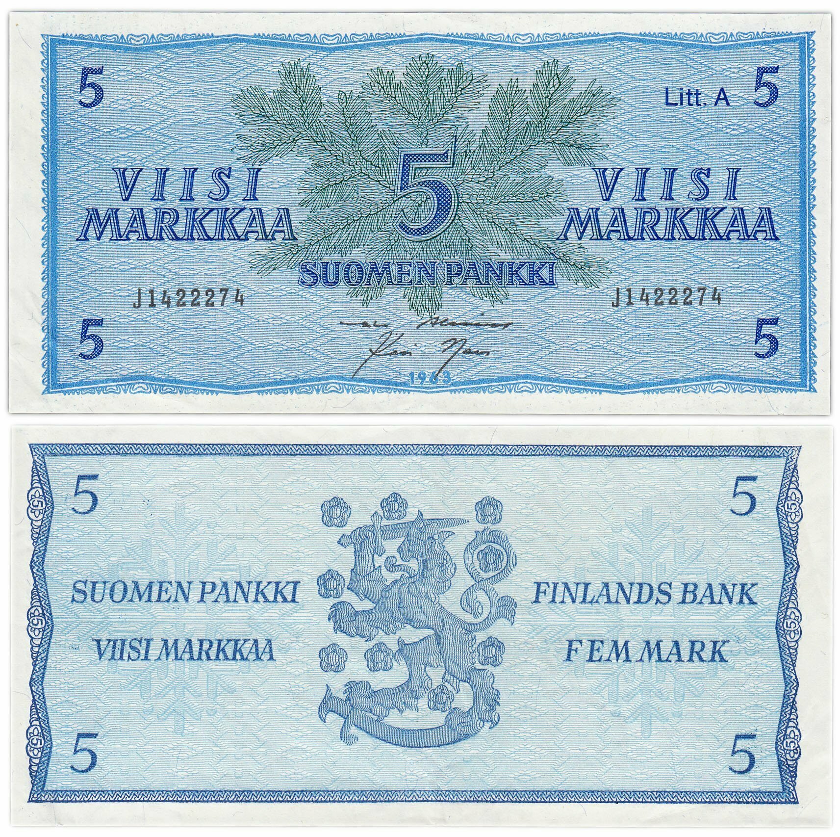 Финляндия 5 марок 1963 год Литера А