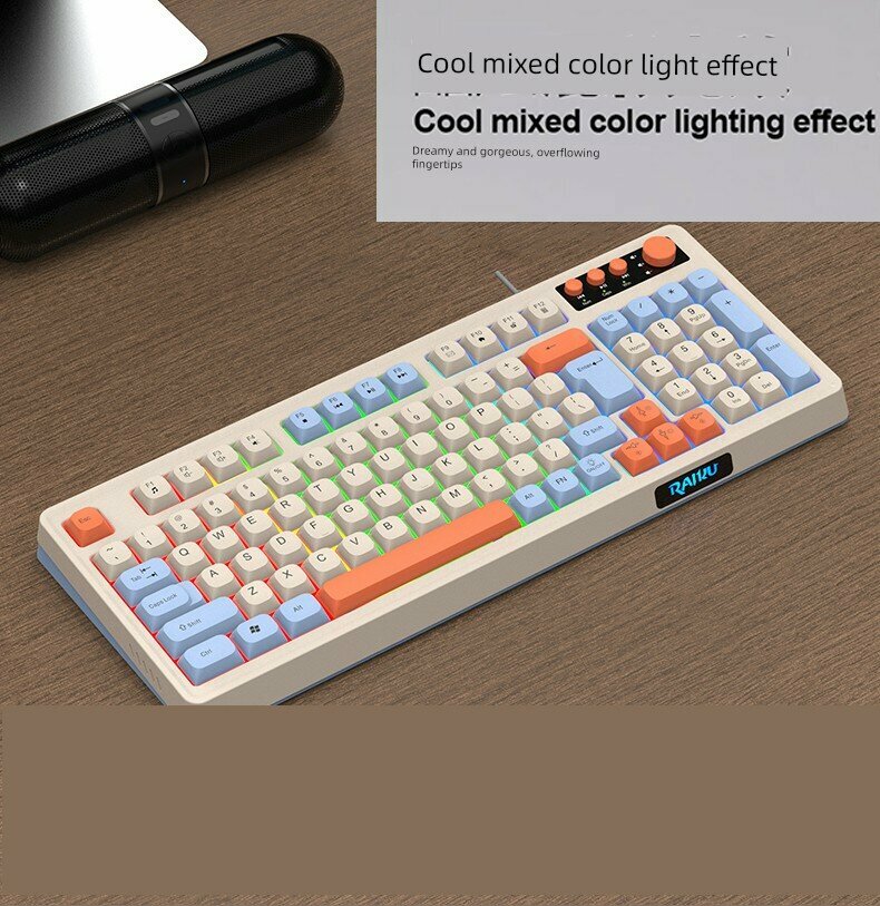 Механическая игровая клавиатура 98 клавиш с подсветкой RGB, дизайн в тройном цвете синий-белый-оранжевый для ПК и