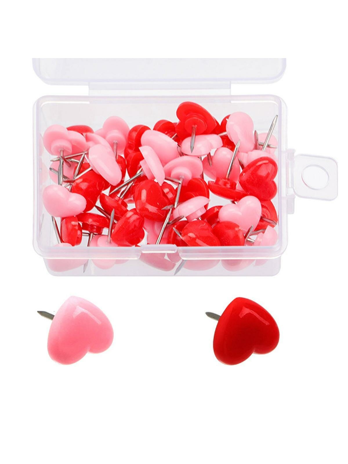 Пробковая доска с канцелярскими кнопками и булавками для заметок, по 25 штук красного и розового цветов.