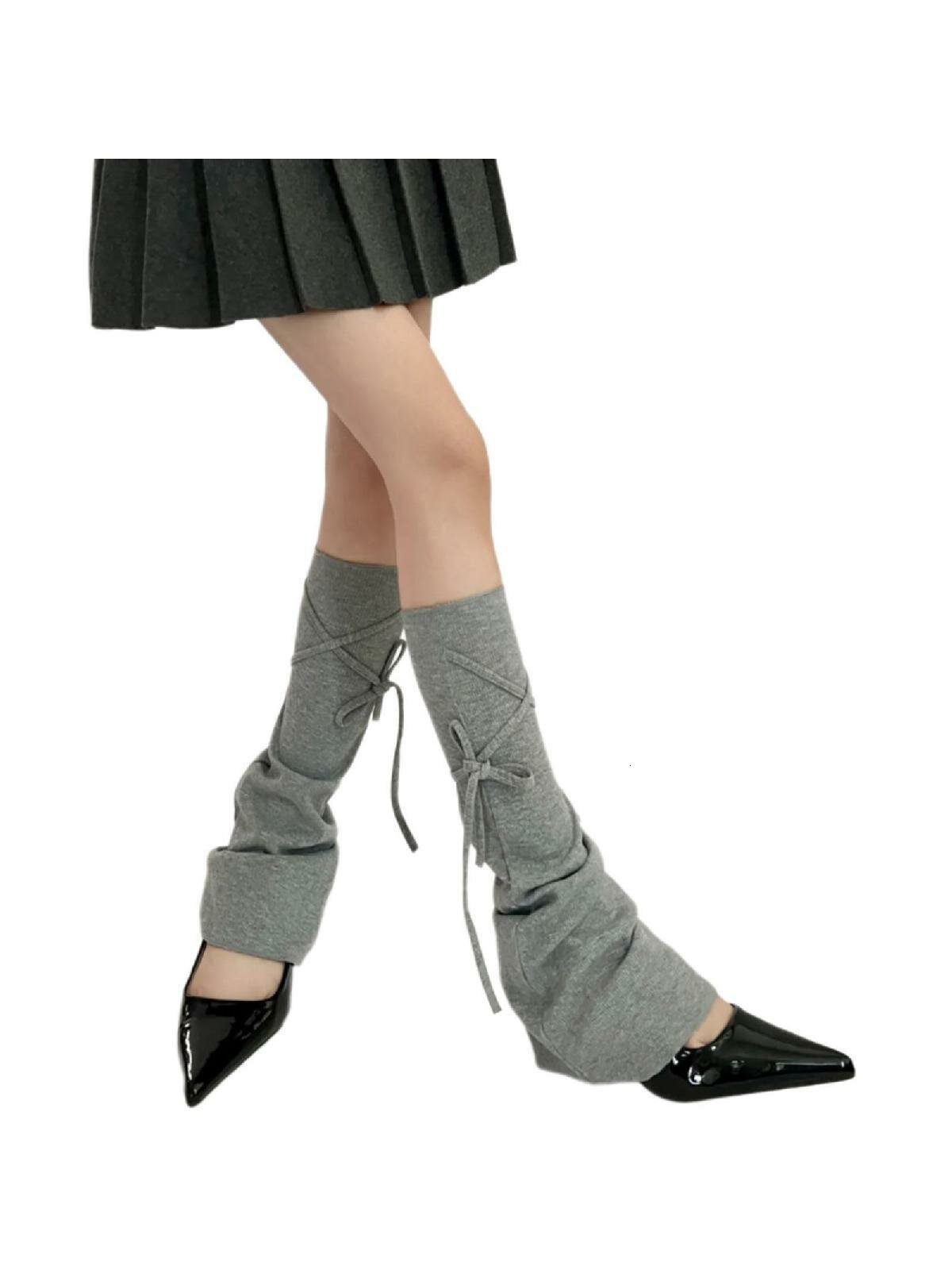 Женские удлинённые вязаные гетры с бантами, Серый