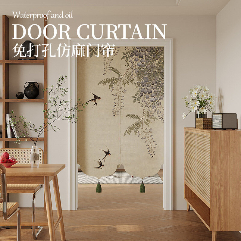 Новая китайская стильная занавеска для спальни и гостиной, имитация льна, без сверления, занавеска для ванной, разделитель для кухни, светонепроницаемая занавеска