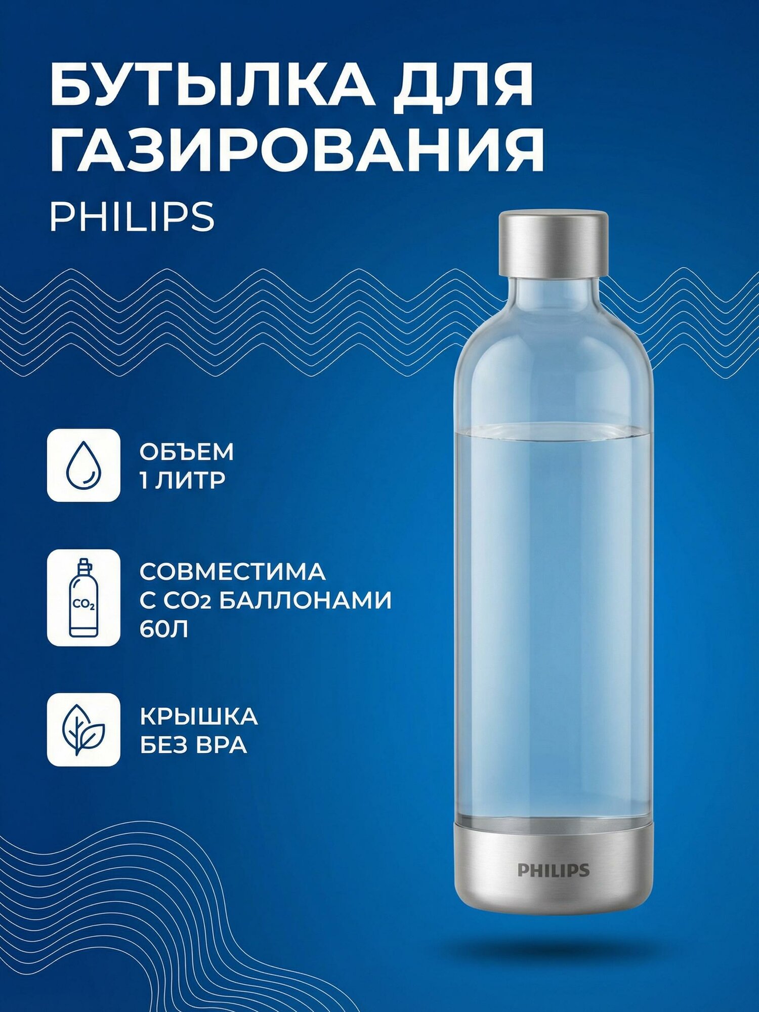 Бутылка для газирования Philips ADD912/10, 1 литр, BPA-free, с откруткой для легкого наполнения