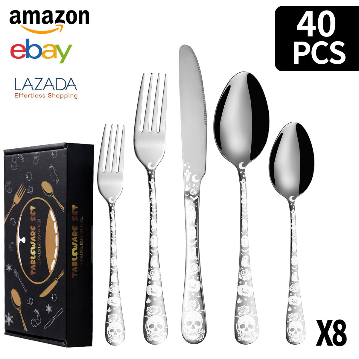 Самый продаваемый на Amazon набор столовых приборов из нержавеющей стали в форме черепа, набор столовых приборов в западном стиле с узором на Хэллоуин для отелей.