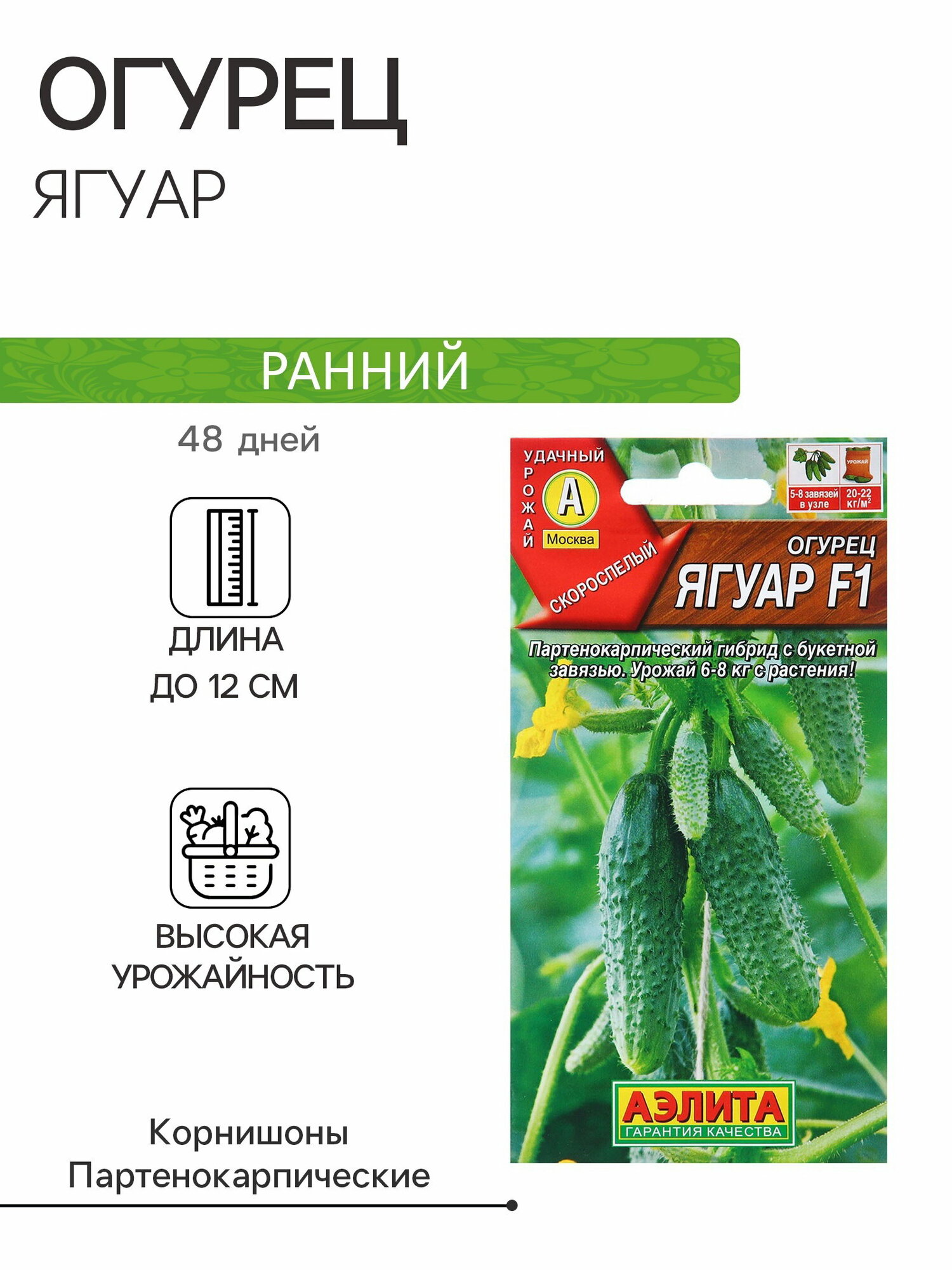 Семена Огурец "Ягуар", F1, партенокарпический, 10 шт, "Аэлита", 4 шт.