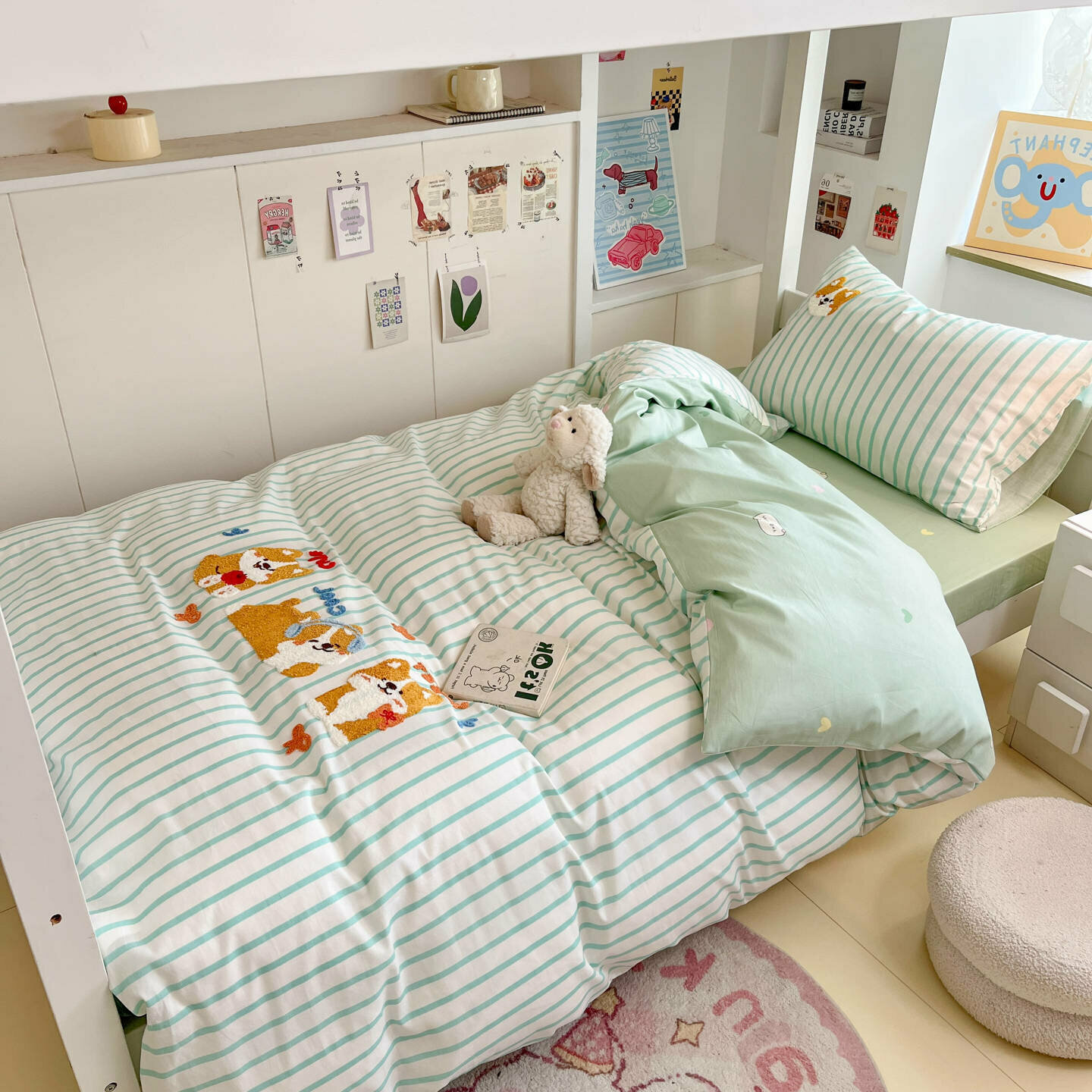 Набор из 3 предметов с вышивкой из хлопка для студентов 150×200 см 2025 модель Узор：Корги-принцРазмерная