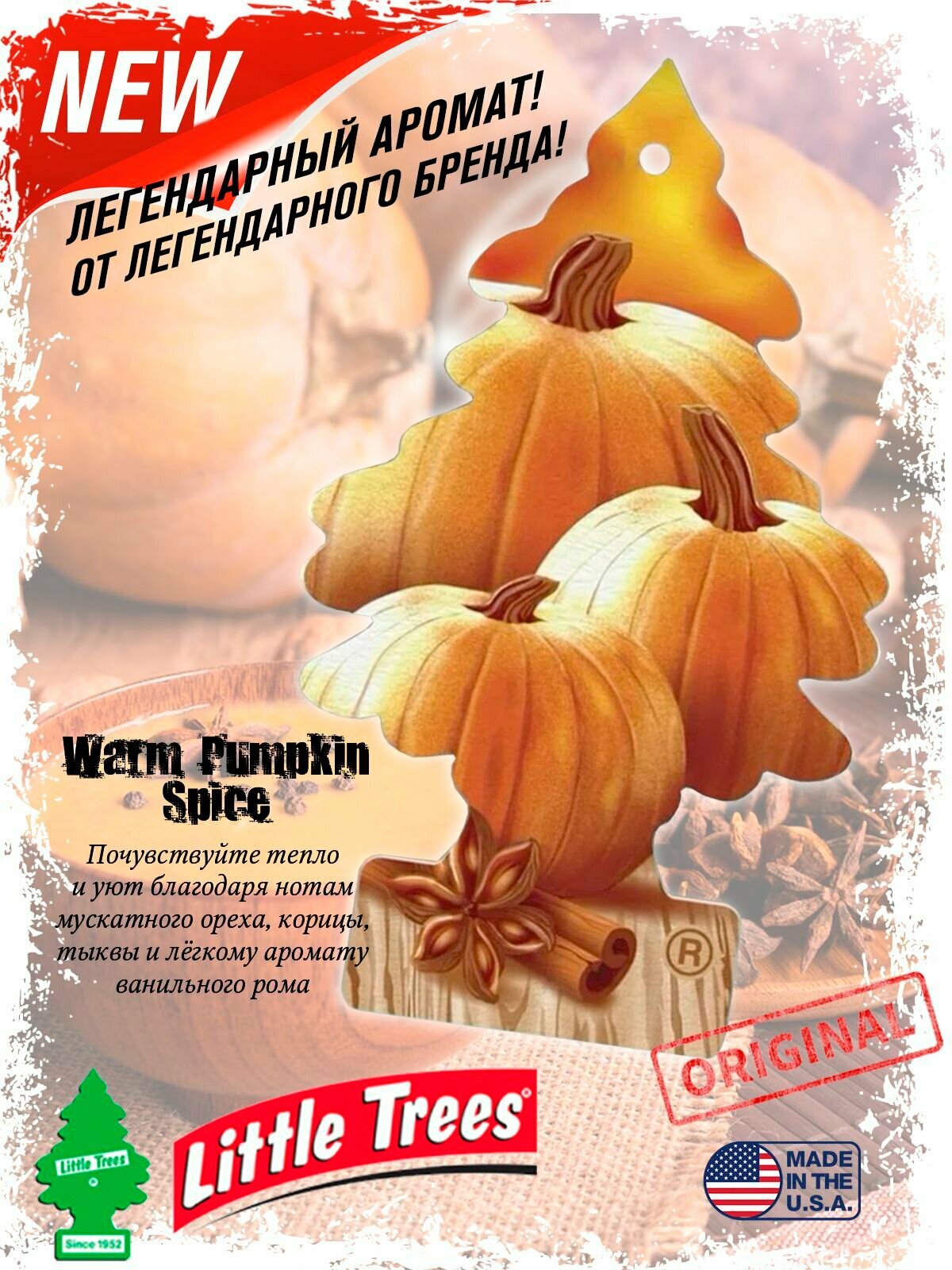 Ароматизатор воздуха Car-Freshner "Little Trees", подвесной, картонный, Пряная тыква (Warm Pumpkin Spice)