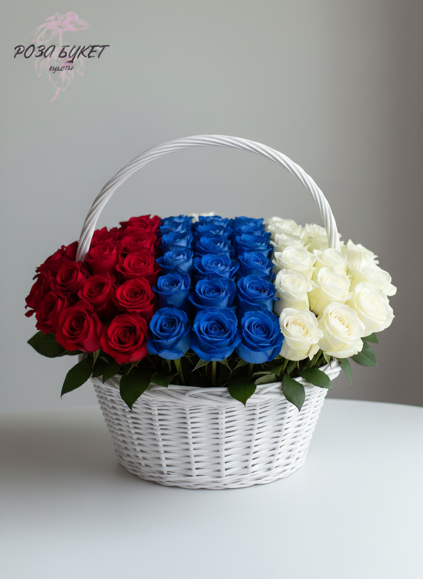 Букет цветов, букет из роз 51 шт триколор в плетеной белой корзине, премиум цветы, долгий букет, букет в корзине, флаг
