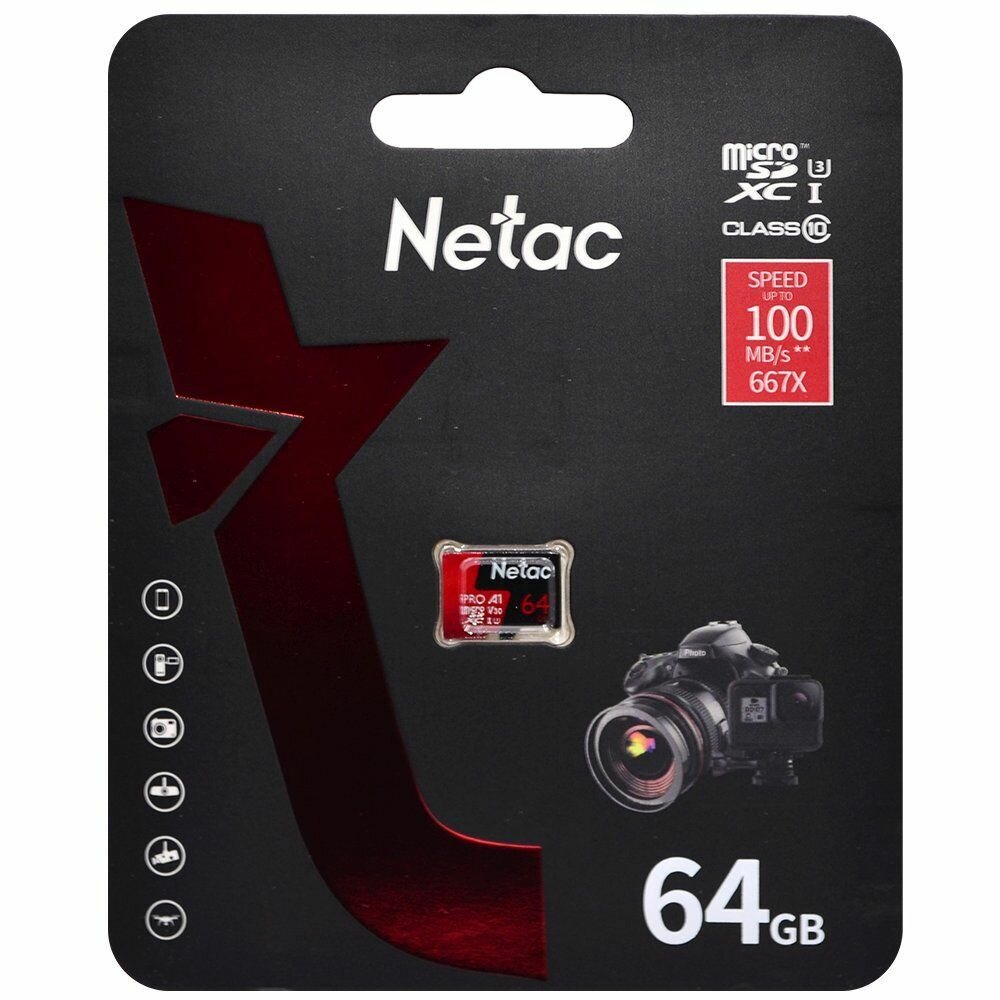 Карта памяти MicroSD 64GB Netac P500 Extreme Pro Class 10 UHS-I A1 V30 (100 Mb/s) без адаптера