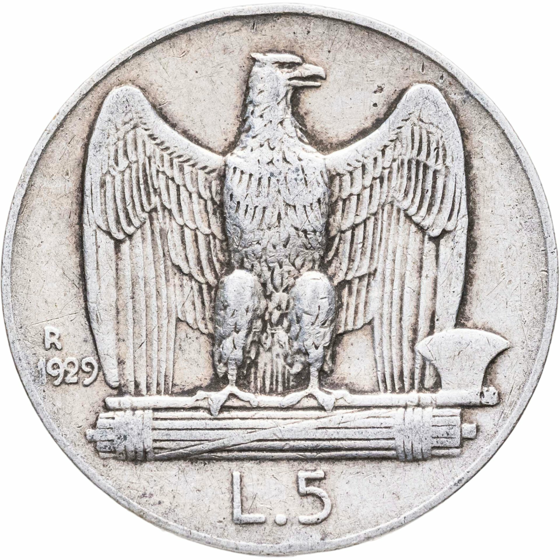 Италия 5 лир 1929, Серебро 835, в сохранности VF-XF