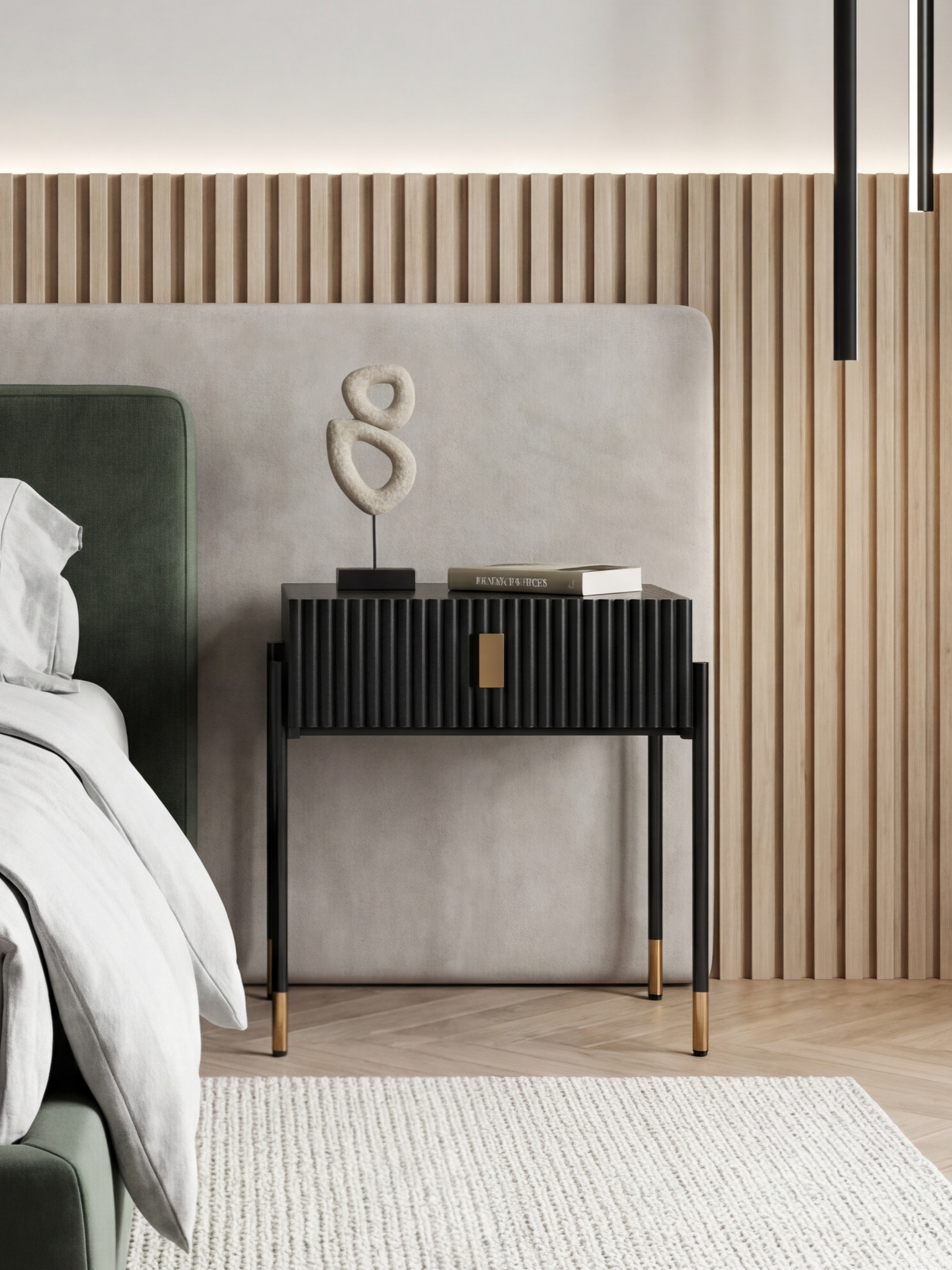 Тумба прикроватная напольная черная, эмаль мдф 54х40х56 см на ножках, Вельвет с ручкой