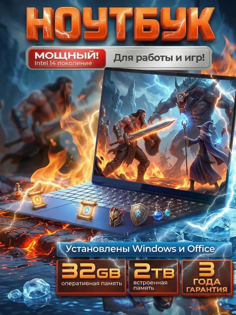 Ноутбук игровой 2026 Intel H-series, RAM 32GB, SSD 2048GB, IPS + Windows, Office