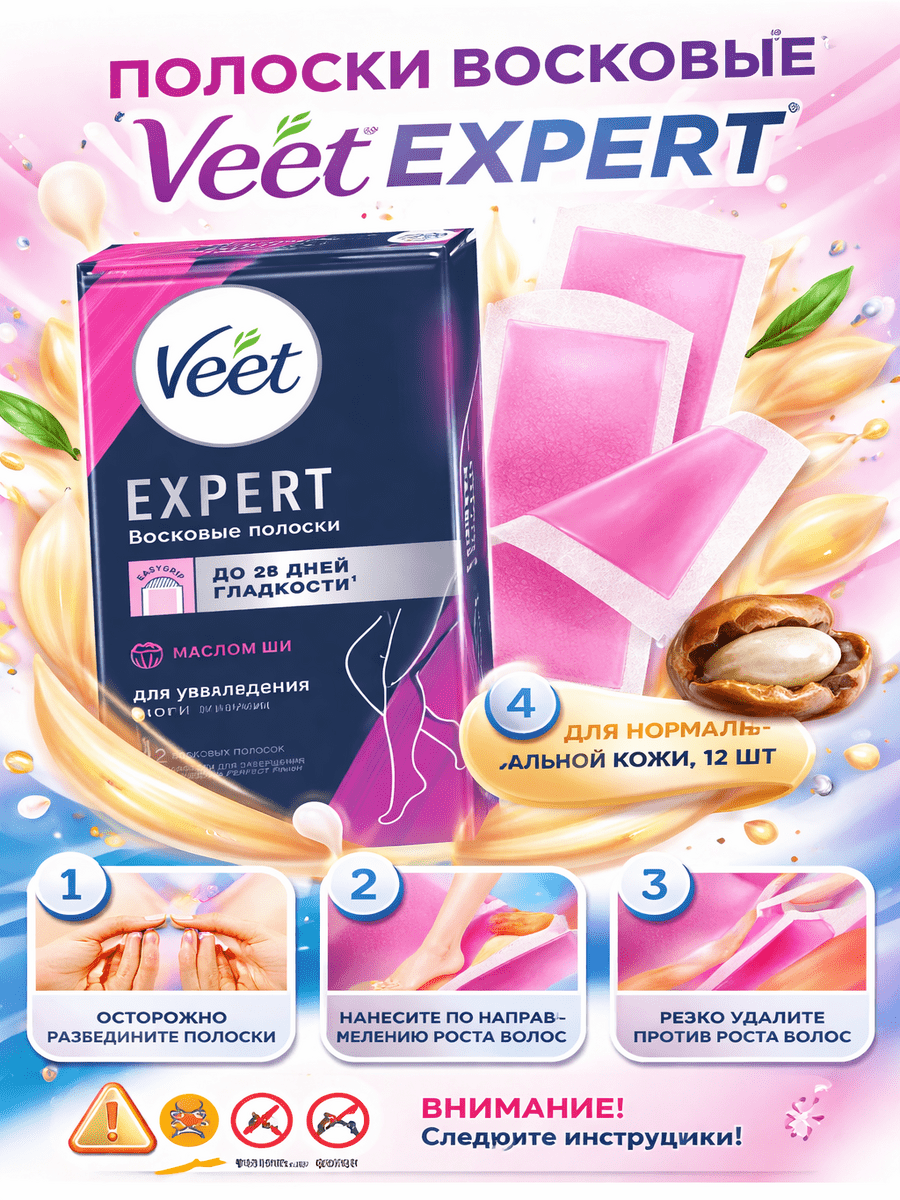 Полоски восковые Veet Expert для нормальной кожи, 12шт