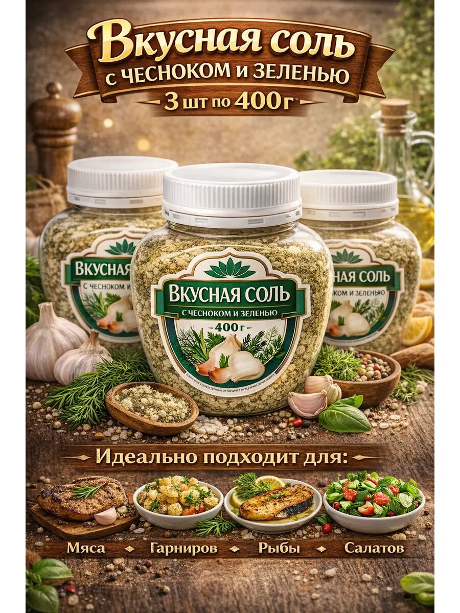Вкусная соль "С чесноком и зеленью", 3 шт. по 400г