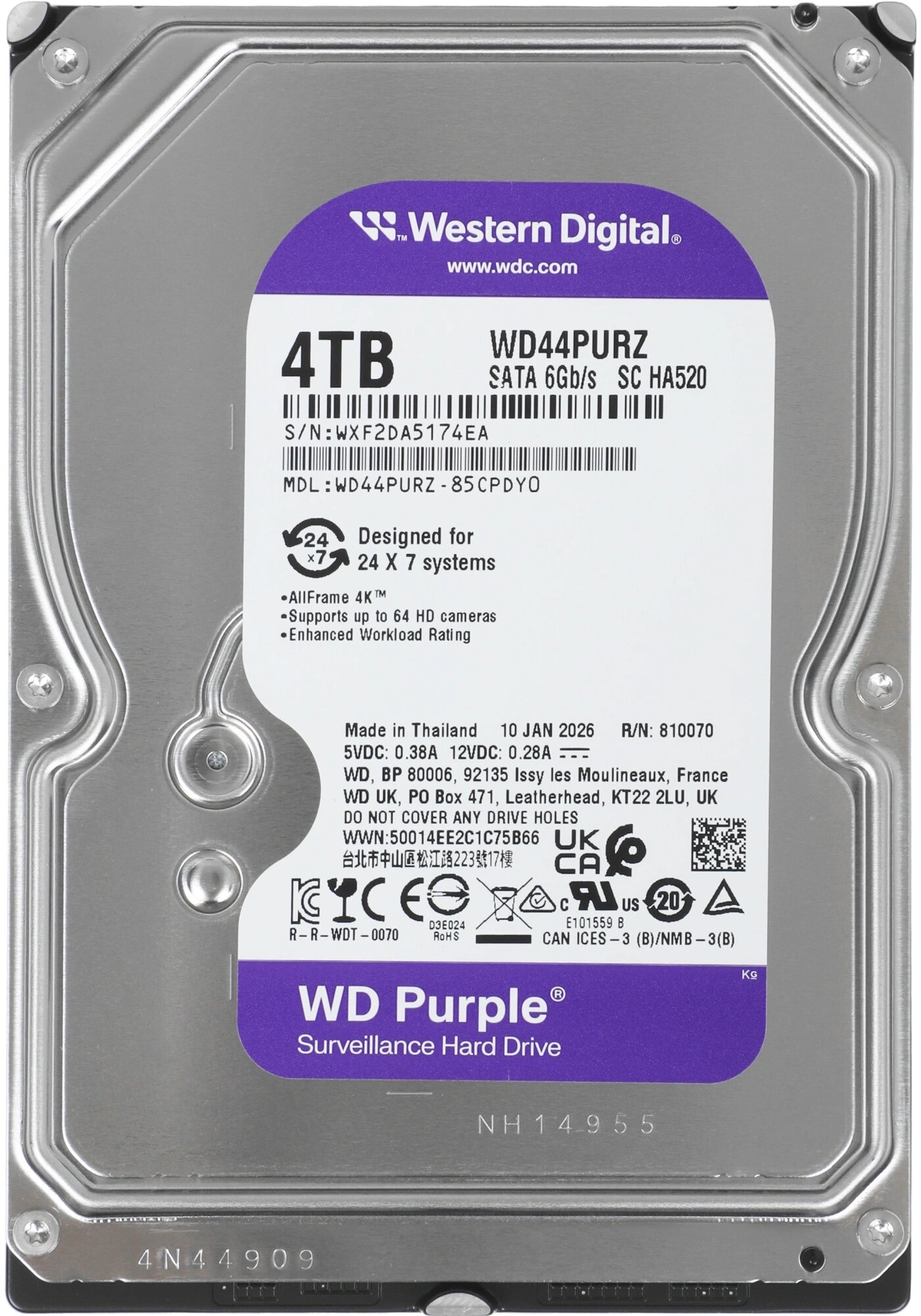 Жесткий диск 4TB WD SATA-III WD44PURZ Purple 5400rpm 3.5"