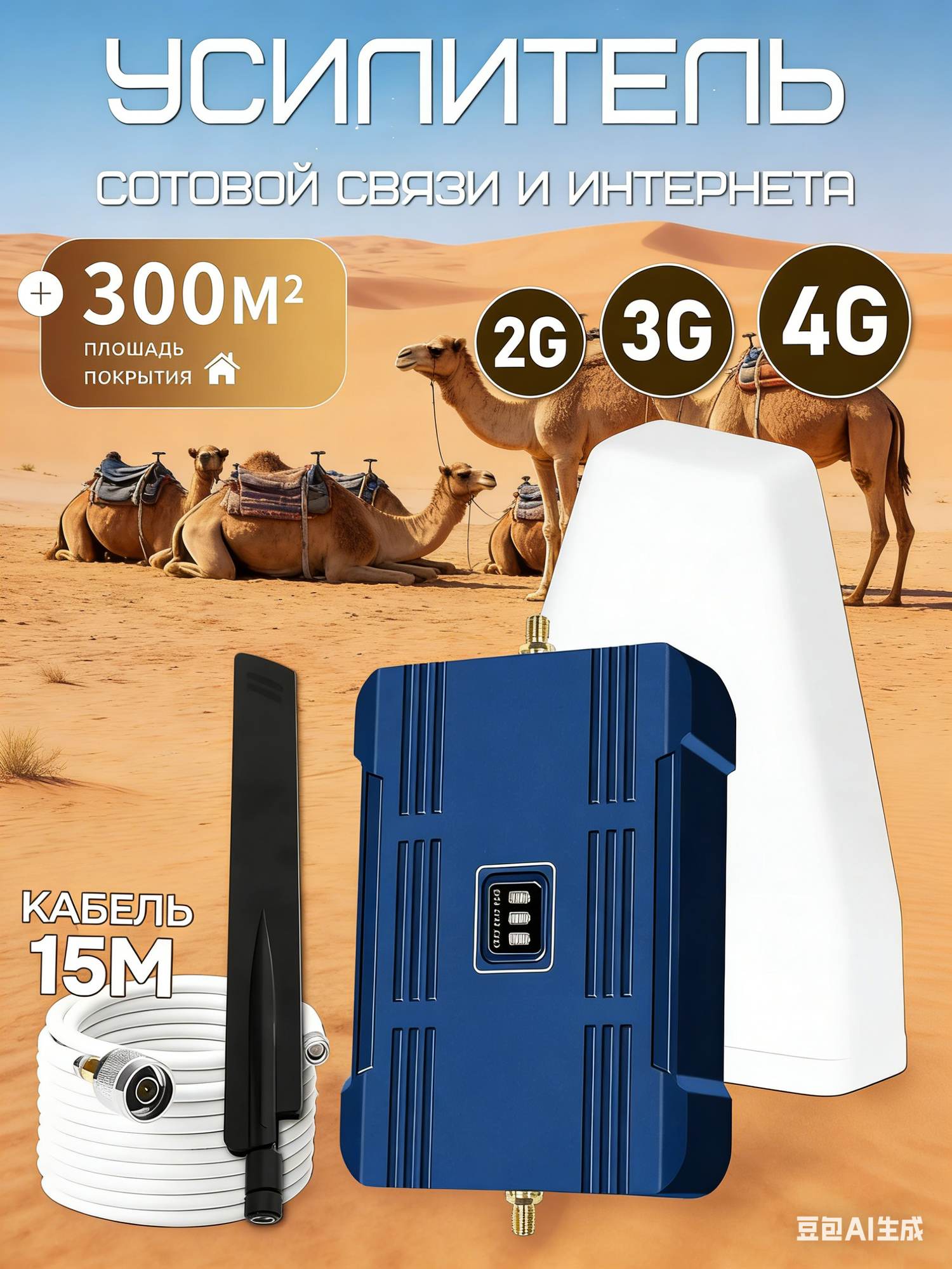Усилитель сотовой связи 900/1800/2100 МГц (2G/3G/4G): до 70 км, направленный, синий, 1.3 кг