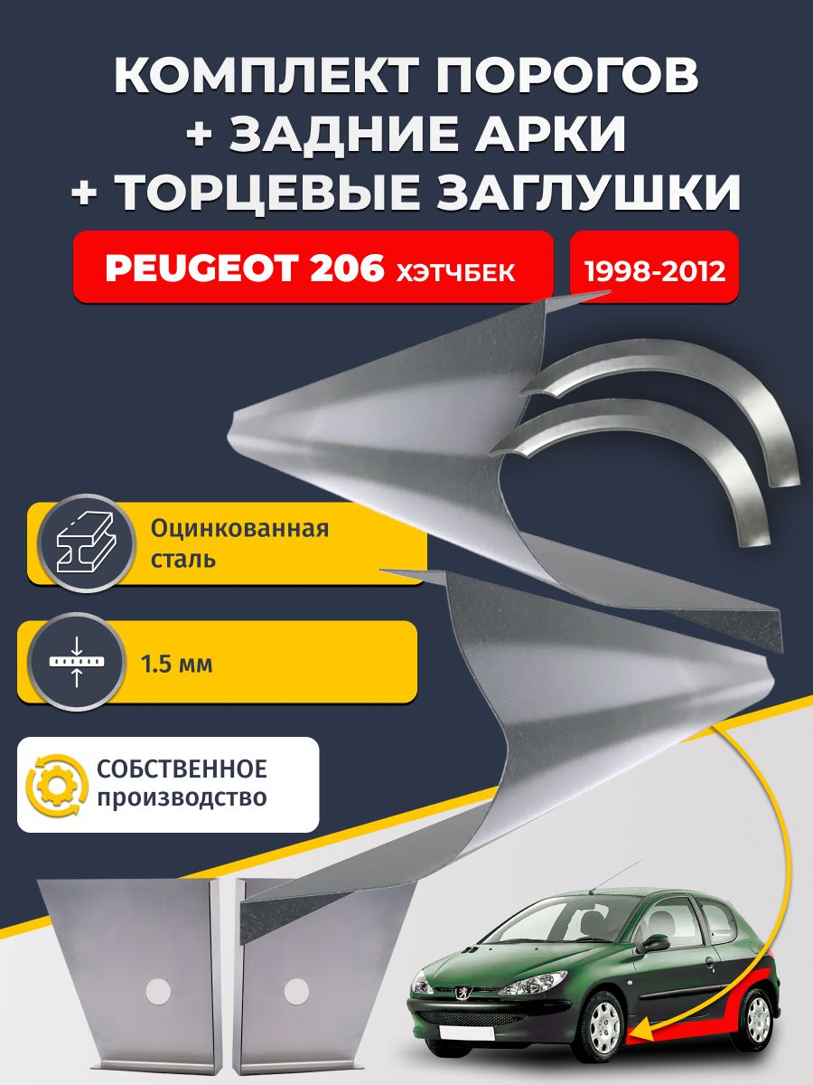 Комплект ремонтных задних арок (0,8 мм) и стандартных порогов (1,5 мм) + торцевые заглушки (1,5 мм) на Peugeot 206 1998-2012 Хэтчбек 3 двери (Пежо 206). Оцинкованная сталь
