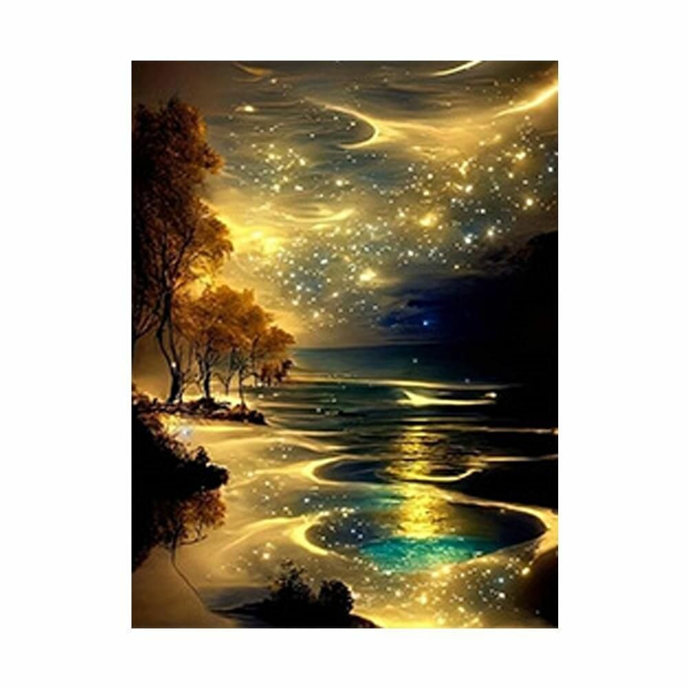 Алмазная мозаика большая картина "Пляжный лунный свет" 30х40 см со светящимся в темноте стразами и 5Д элементами