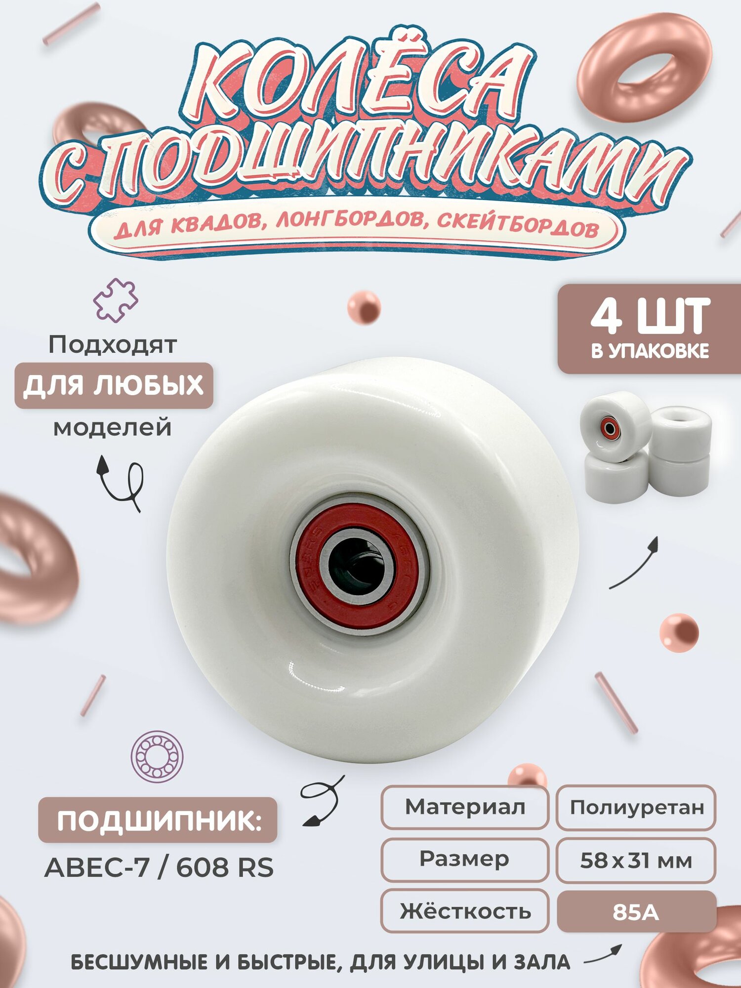 Колёса для квадов с подшипниками 4шт 58x31 мм, 85A, ABEC-7 / Колеса для скейтборда и лонгборда