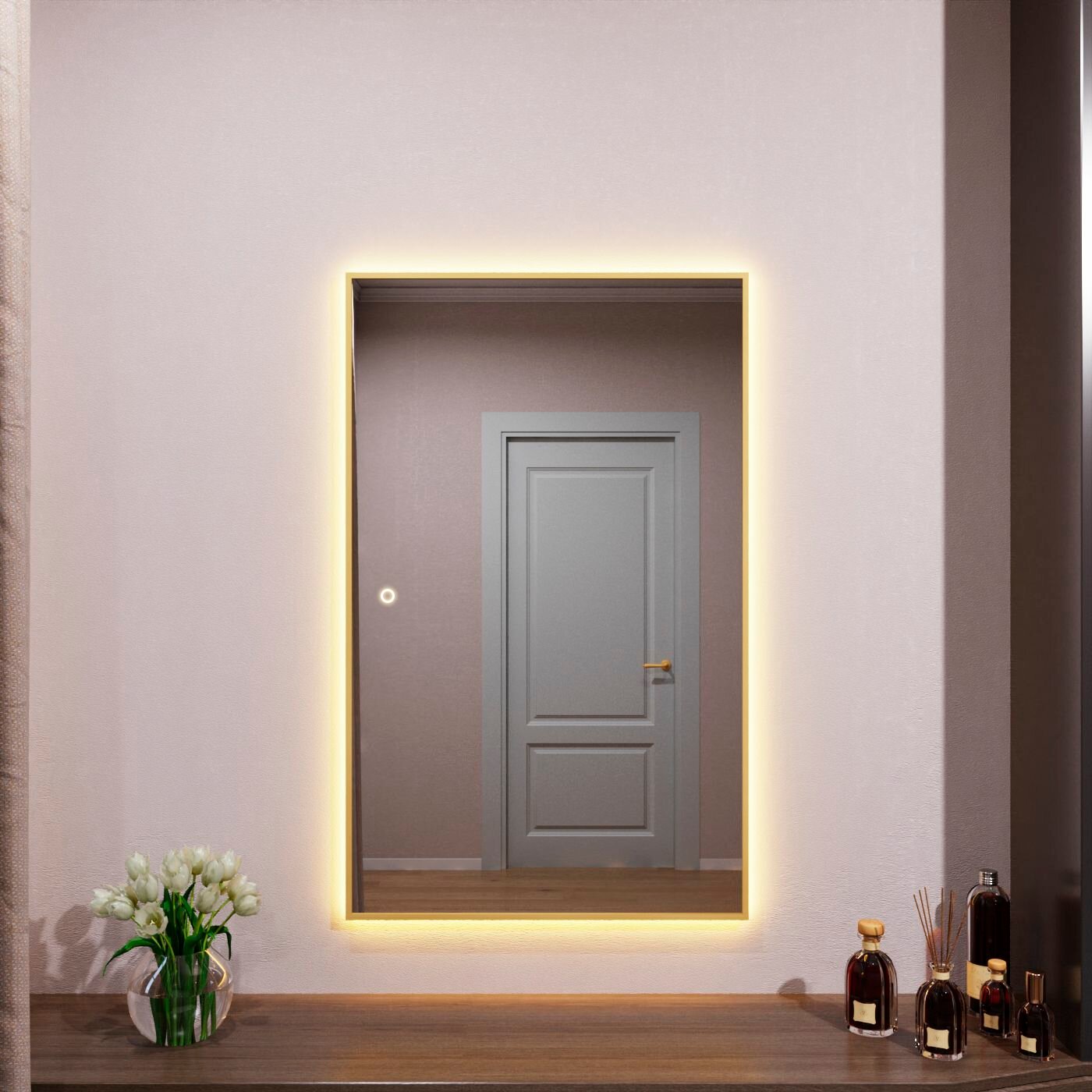 Зеркало настенное 100х60 см. BLX MIRROR с подсветкой в ванную сенсорное в алюминиевой раме, Золото