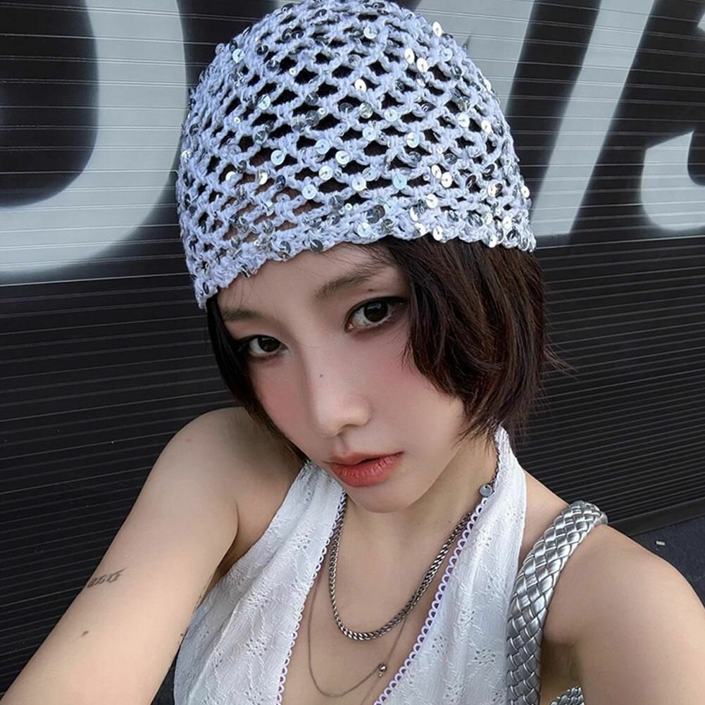 Вязаная вручную шляпа с крючком, складная, с пустотами и пайетками, в стиле Y2K.