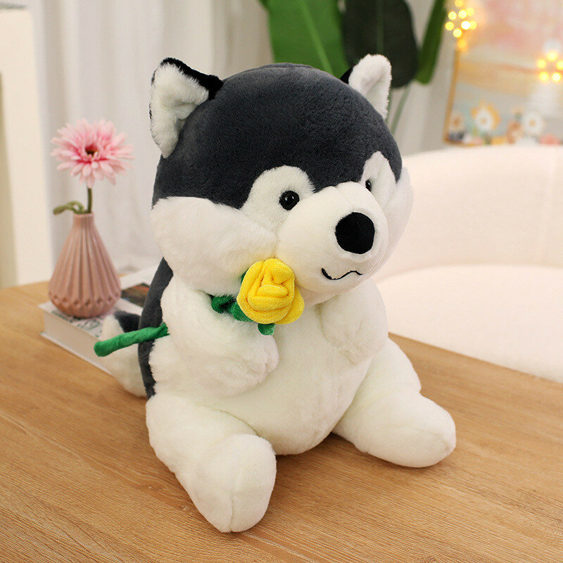 Cute cartoon handheld rose husky plush stuffed toy pillow for kids and teens