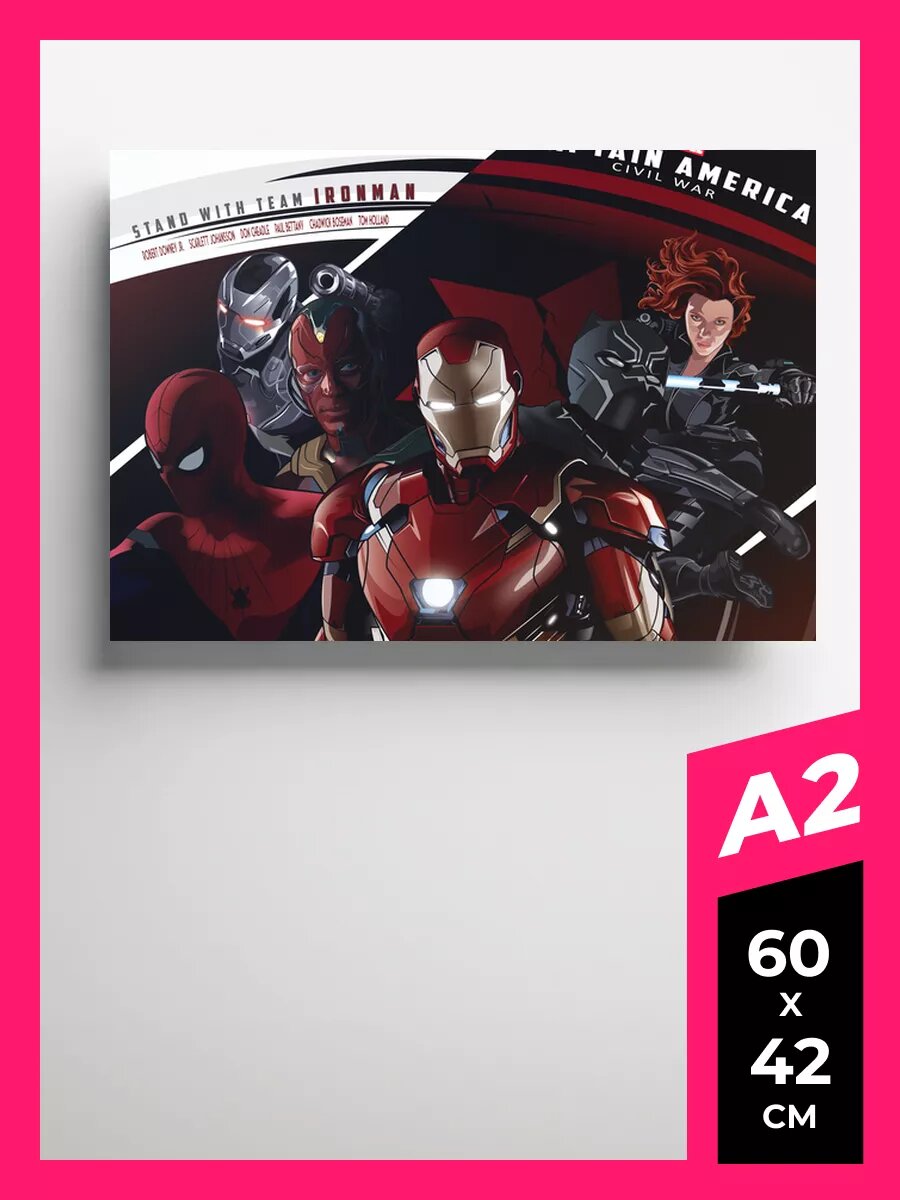 Постер Марвел Капитан Америка Человек Муравей Локи A2, матовая фотобумага премиум качества