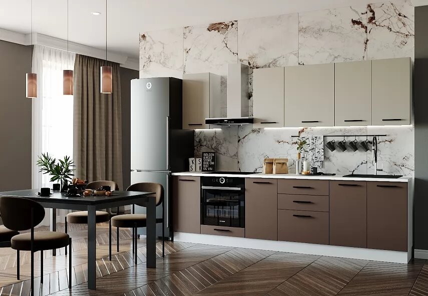 Кухонный гарнитур Sanvut Латте-2800 столешница 38 мм, каркас ЛДСП, фасад ЛДСП, Белый/Сатин/Мокко