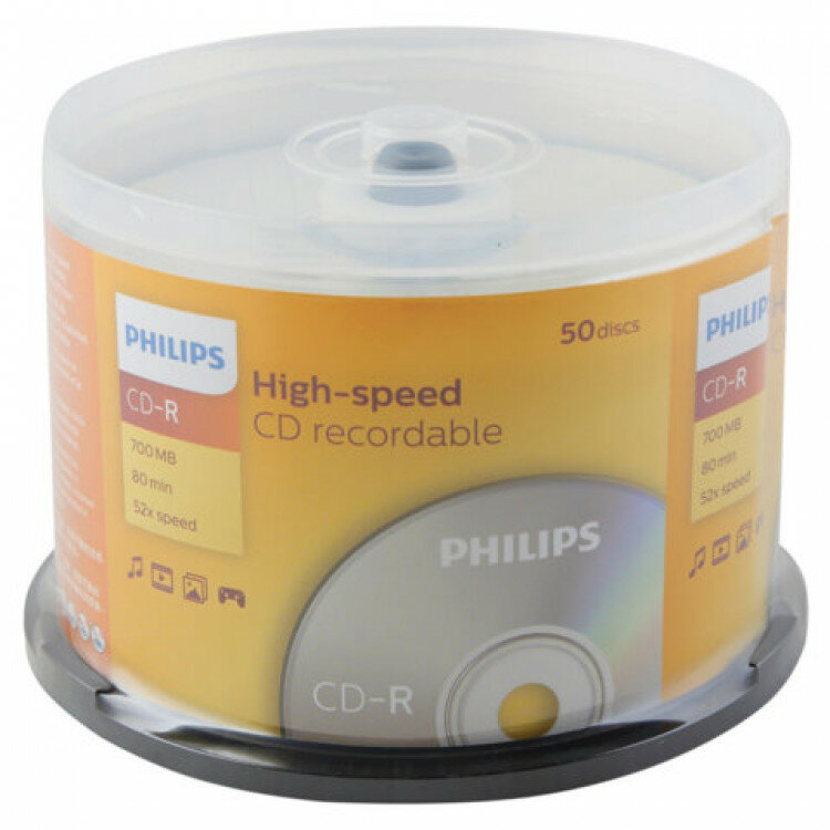 Диск CD-R PHILIPS, 700 Мб, 52x, Cake Box (упаковка на шпиле), комплект 50 шт, CR7D5SB50/97