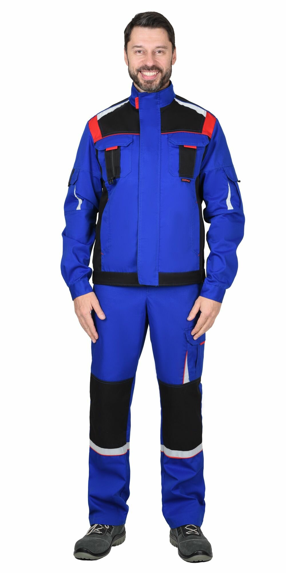 Костюм мужской летний стан смесовая ткань васильковый/красный/черный куртка+полукомбинезон