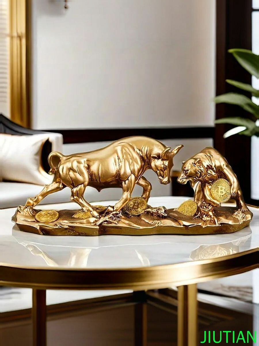 Фигурка Бык и Медведь с биткоинами, размер 28 11.5 8 см Декор для дома и офиса, Символ финансового успеха