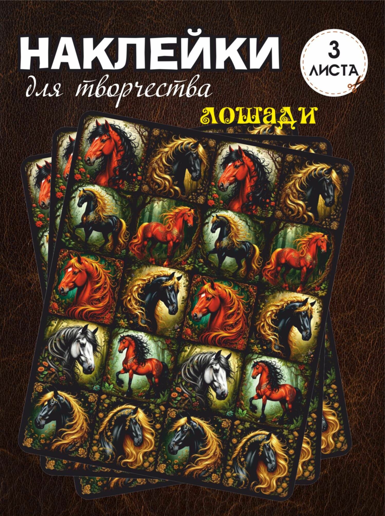 Набор наклеек RiForm "Лошади, кони", 3 листа по 20 наклеек, 30мм