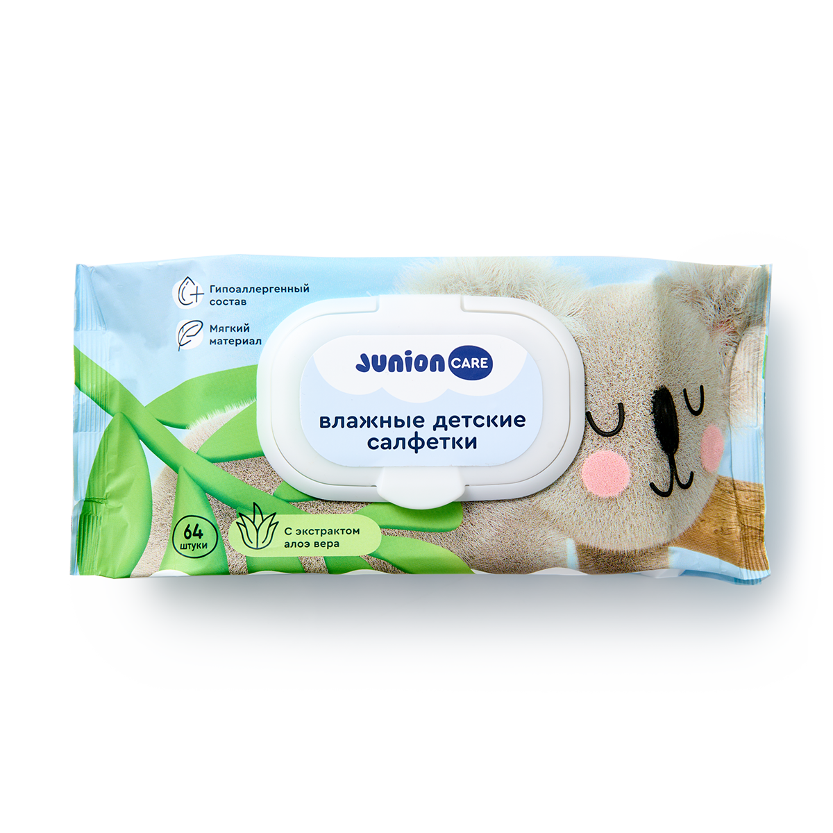 Влажные салфетки Junion Care, для детей, с алоэ вера, гипоаллергенные, 64 шт.