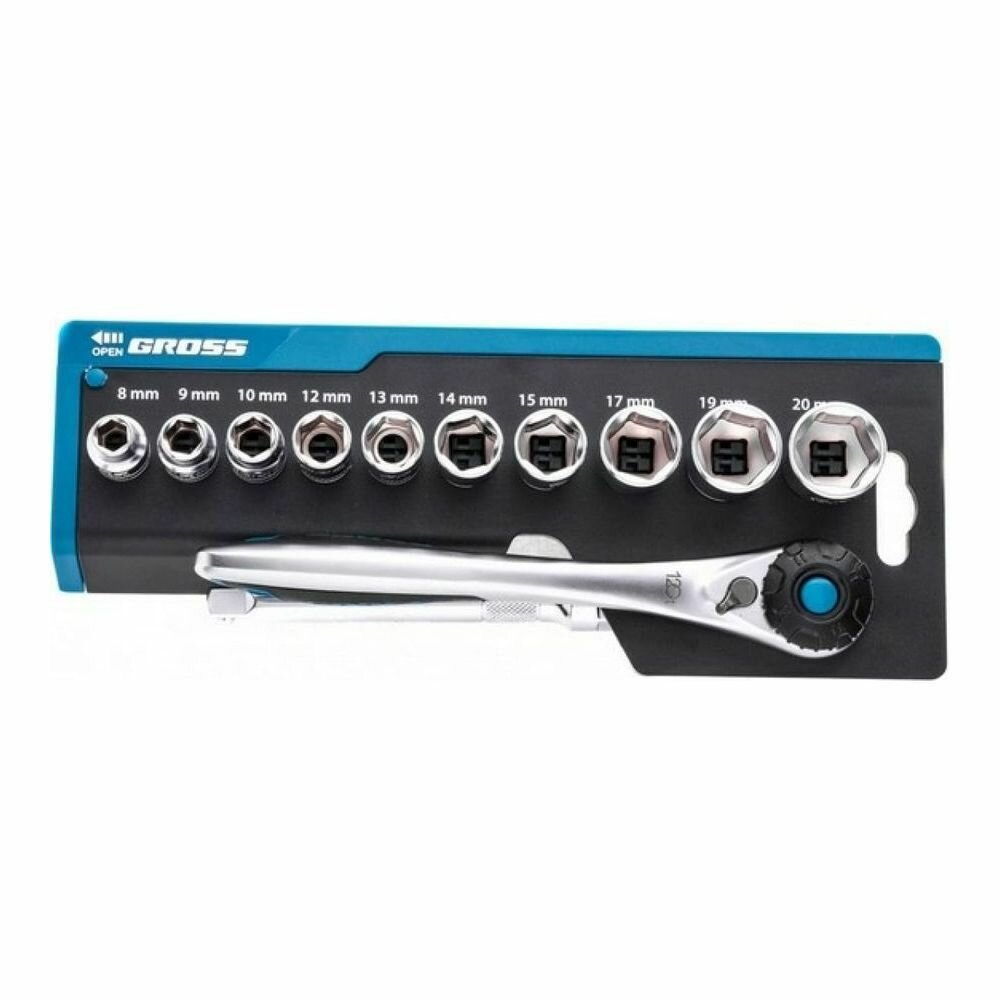 Набор торцевых головок Gross трещотка 120 зубьев, 3/8", CrV, 12 предметов 14139