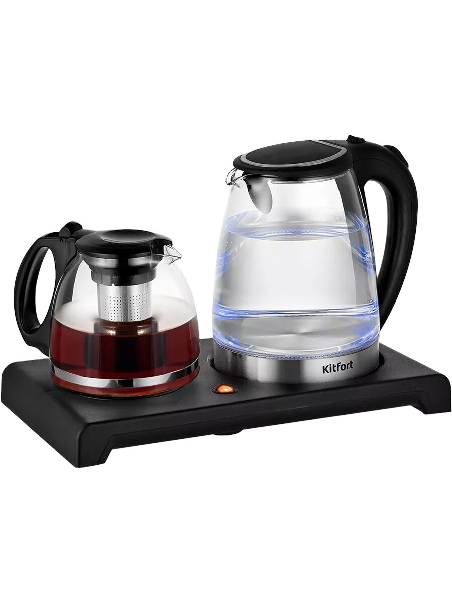 Электрический чайник Kitfort КТ-6180, черный/прозрачный, 2л, с заварочным кувшином