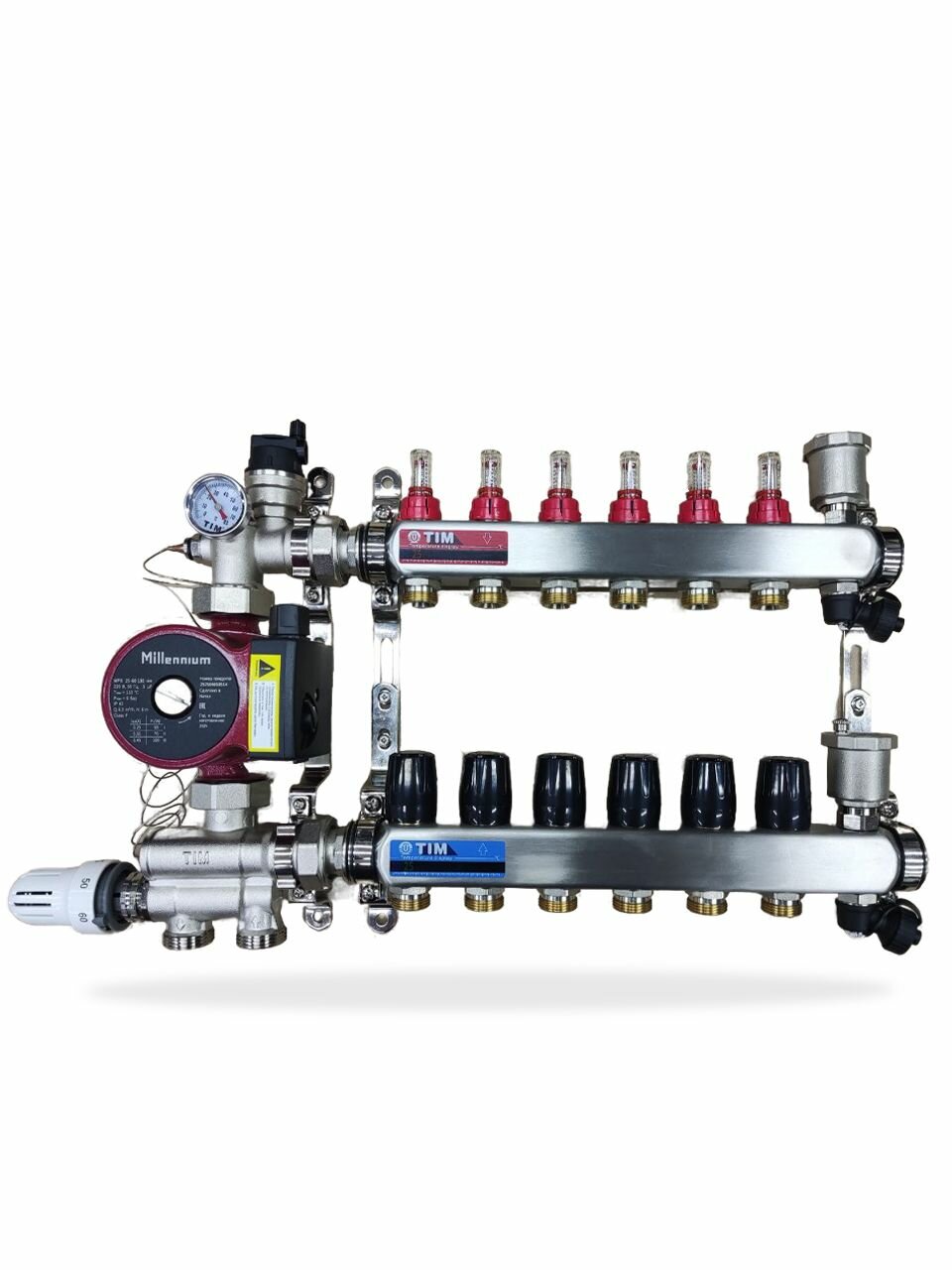 Коллектор для теплого пола на 6 контура с расходомерами + циркуляционный насос 25/6 + смесительный узел от 20-60 С и евроконусами 16х2.0 (до 80 кв/м)